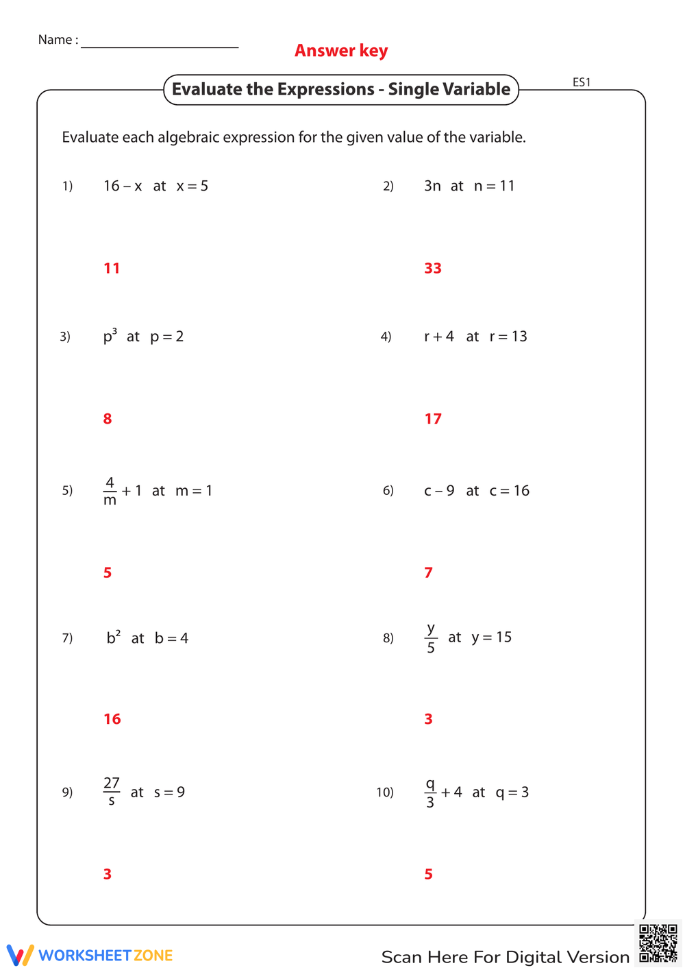 Evaluating Expressions Worksheets 7th Grade