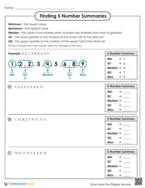 Finding Five Number Summaries Worksheets