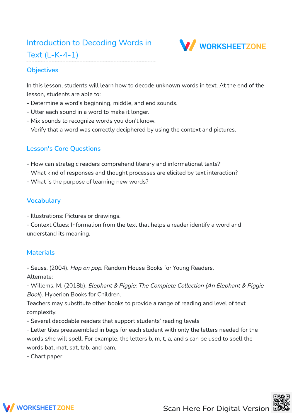 Introduction To Decoding Words In Text (L-K-4-1) Lesson Plan