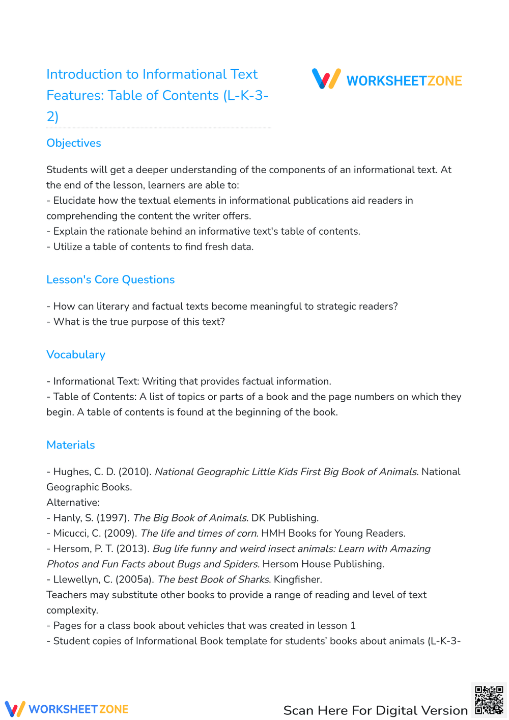 Introduction To Informational Text Features: Table Of Contents (L-K-3-2 ...