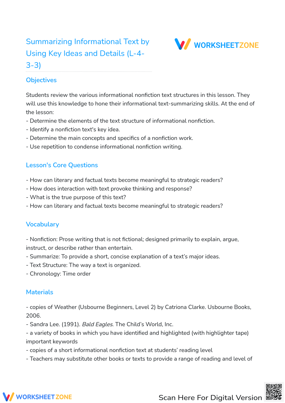 Summarizing Informational Text By Using Key Ideas And Details (L-4-3-3) Lesson Plan