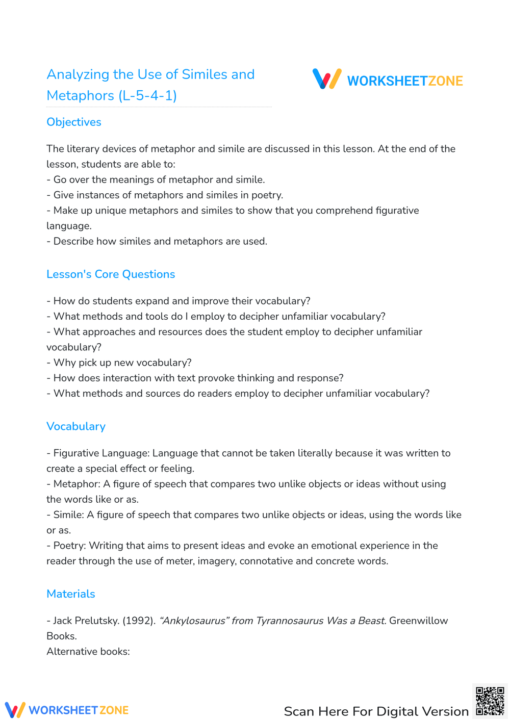 Analyzing The Use Of Similes And Metaphors (L-5-4-1) Lesson Plan