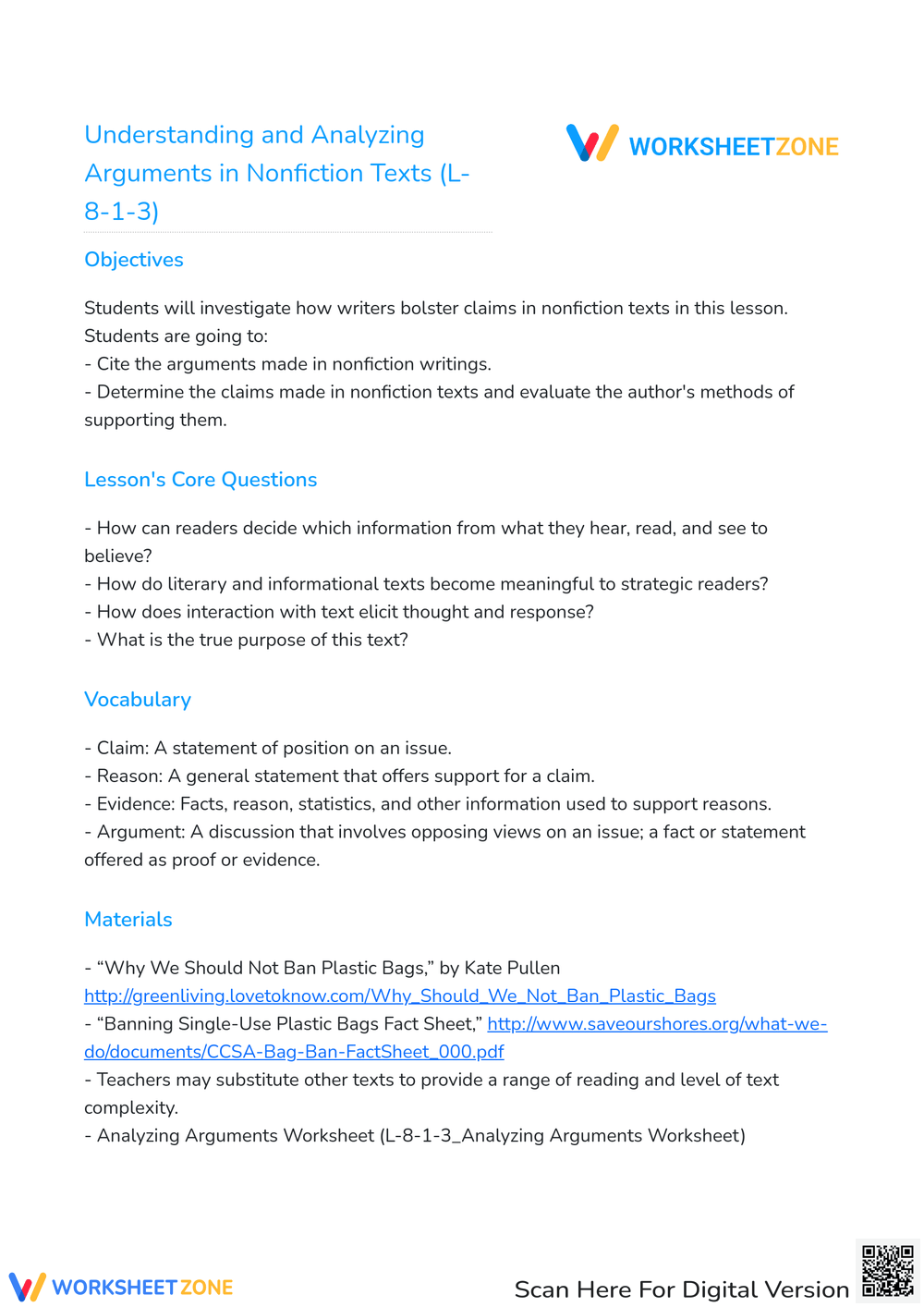 Understanding And Analyzing Arguments In Nonfiction Texts (L-8-1-3) Lesson Plan