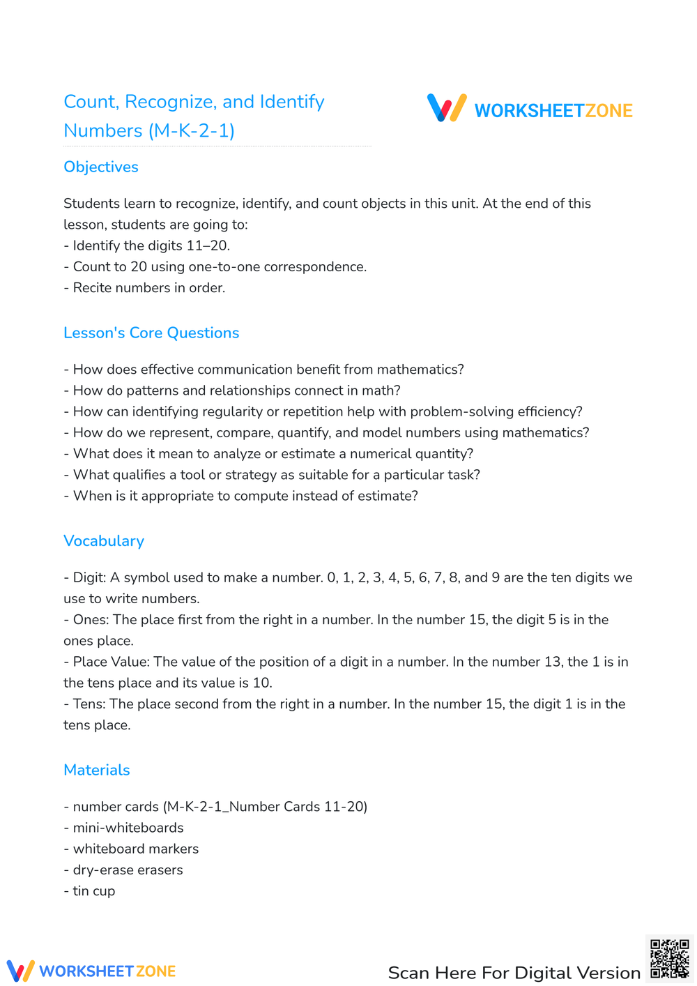 Count, Recognize, And Identify Numbers (M-K-2-1) Lesson Plan