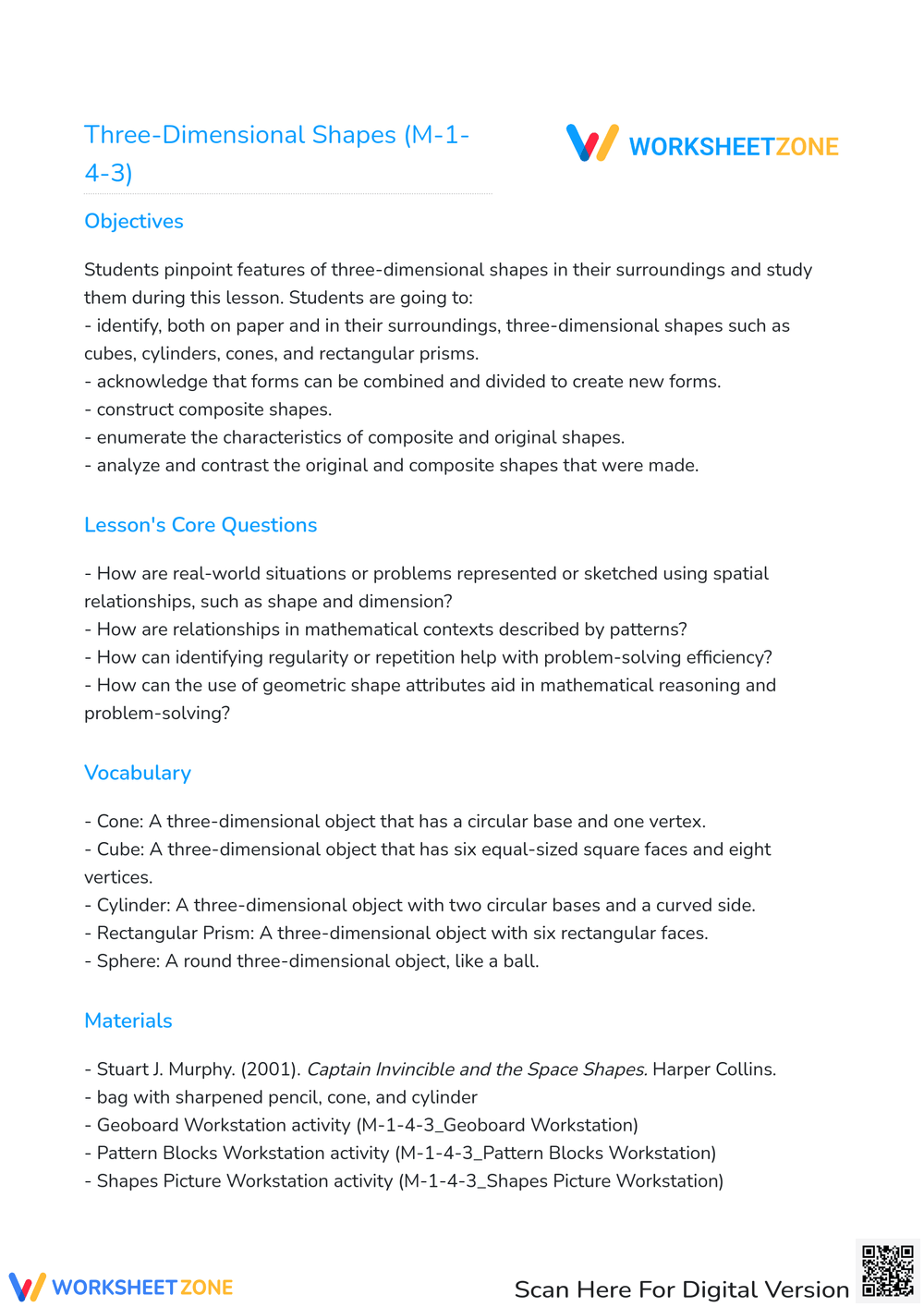 Three-Dimensional Shapes (M-1-4-3) Lesson Plan