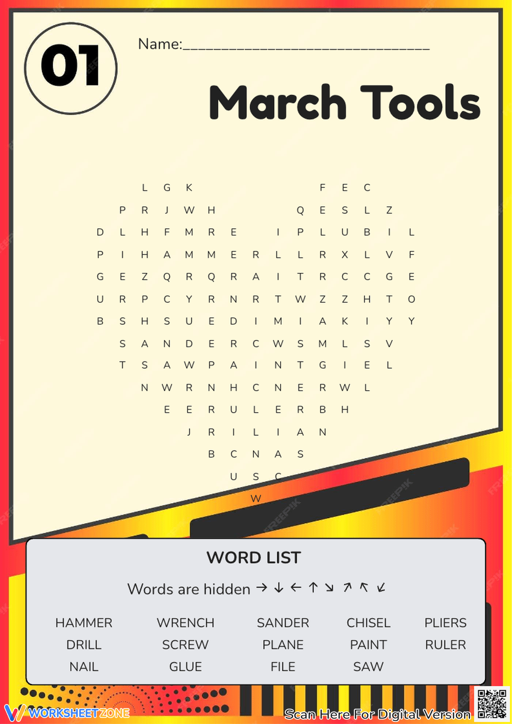 March Tools Word Search Puzzle Worksheet