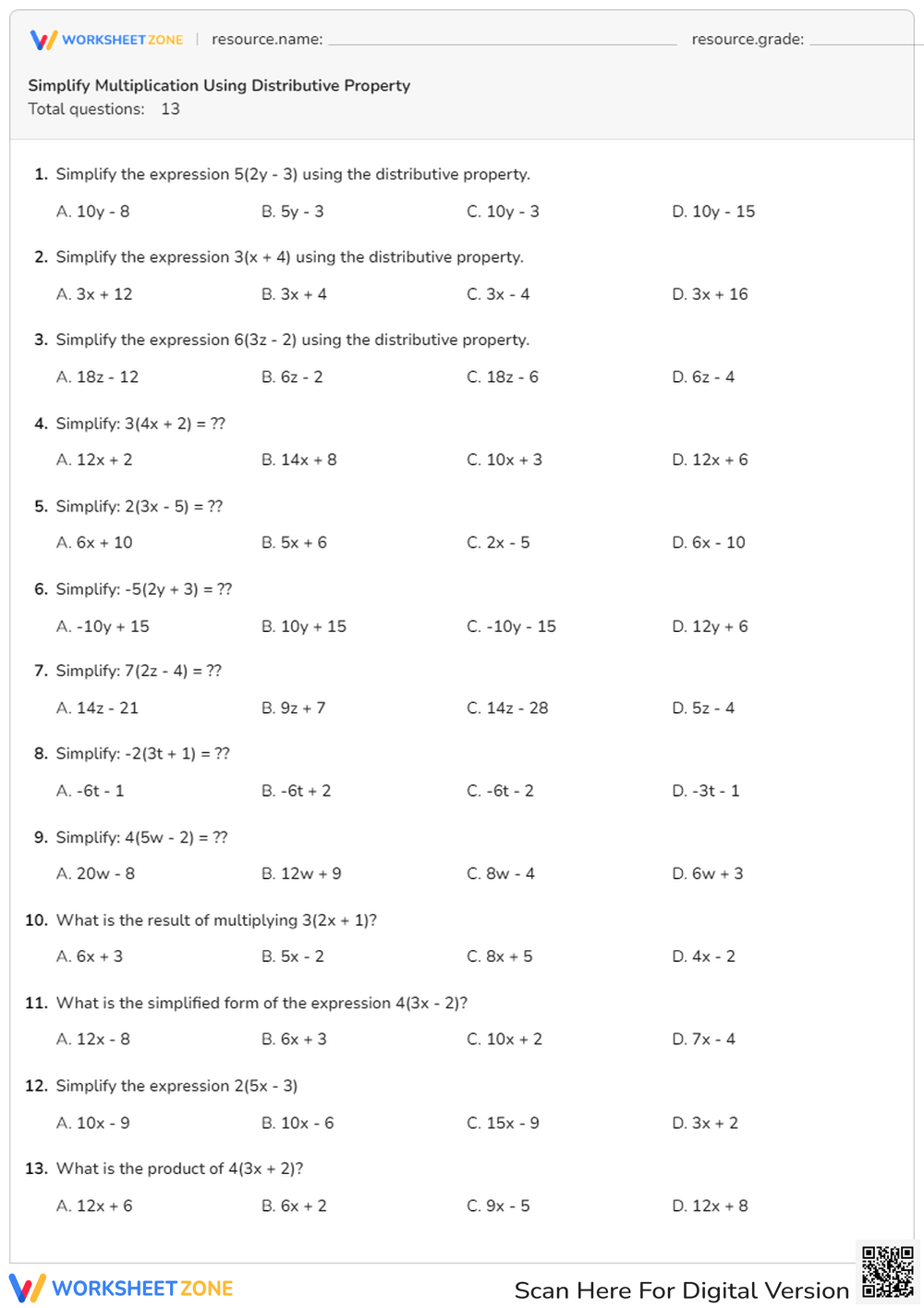 Distributive Property Of Multiplication Interactive Worksheet