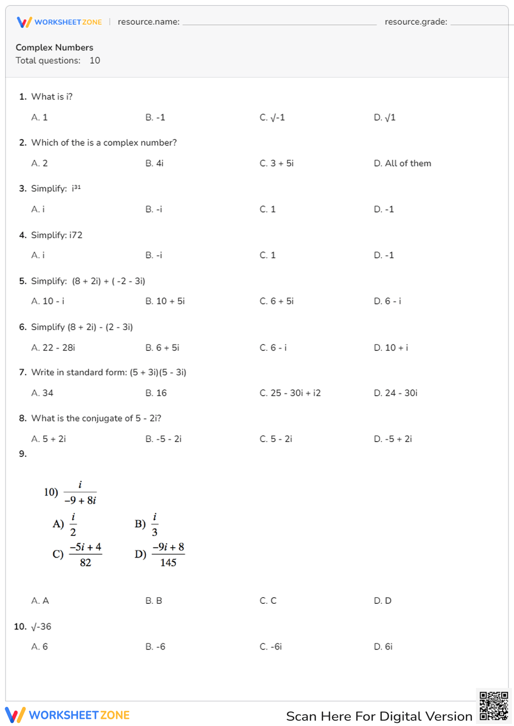 Simplifying Complex Numbers Worksheet