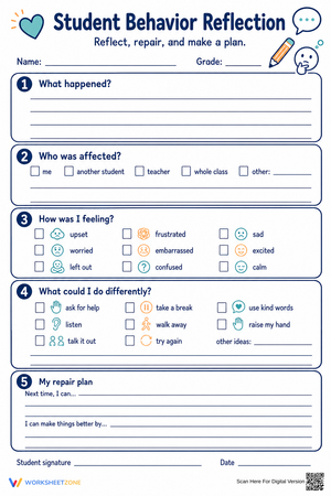 Printable Behavior Reflection Worksheet | Grades 2-6