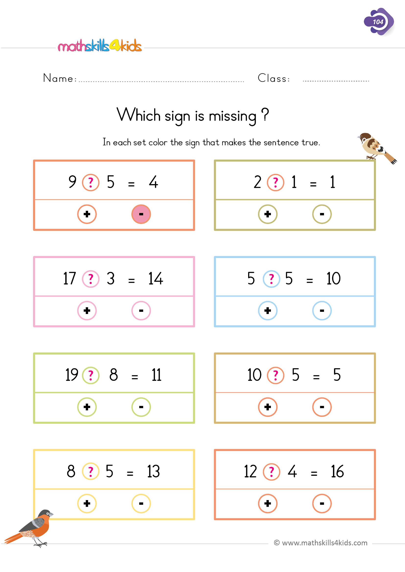 Addition and subtraction: Which sign is missing? | Worksheet Zone