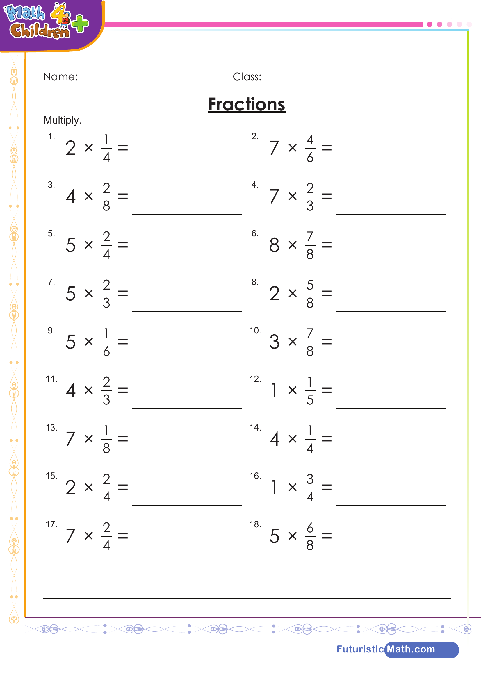 Multiply fractions by whole numbers | Worksheet Zone