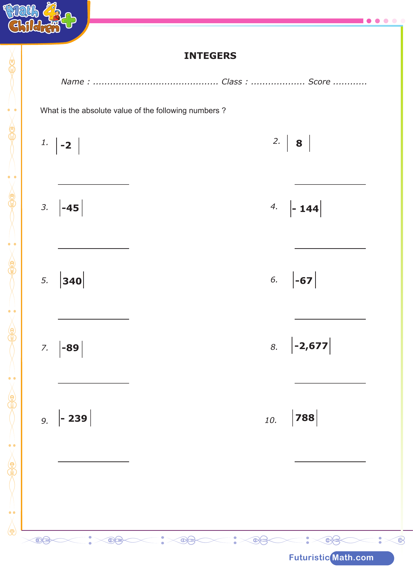 Absolute values of intergers | Worksheet Zone