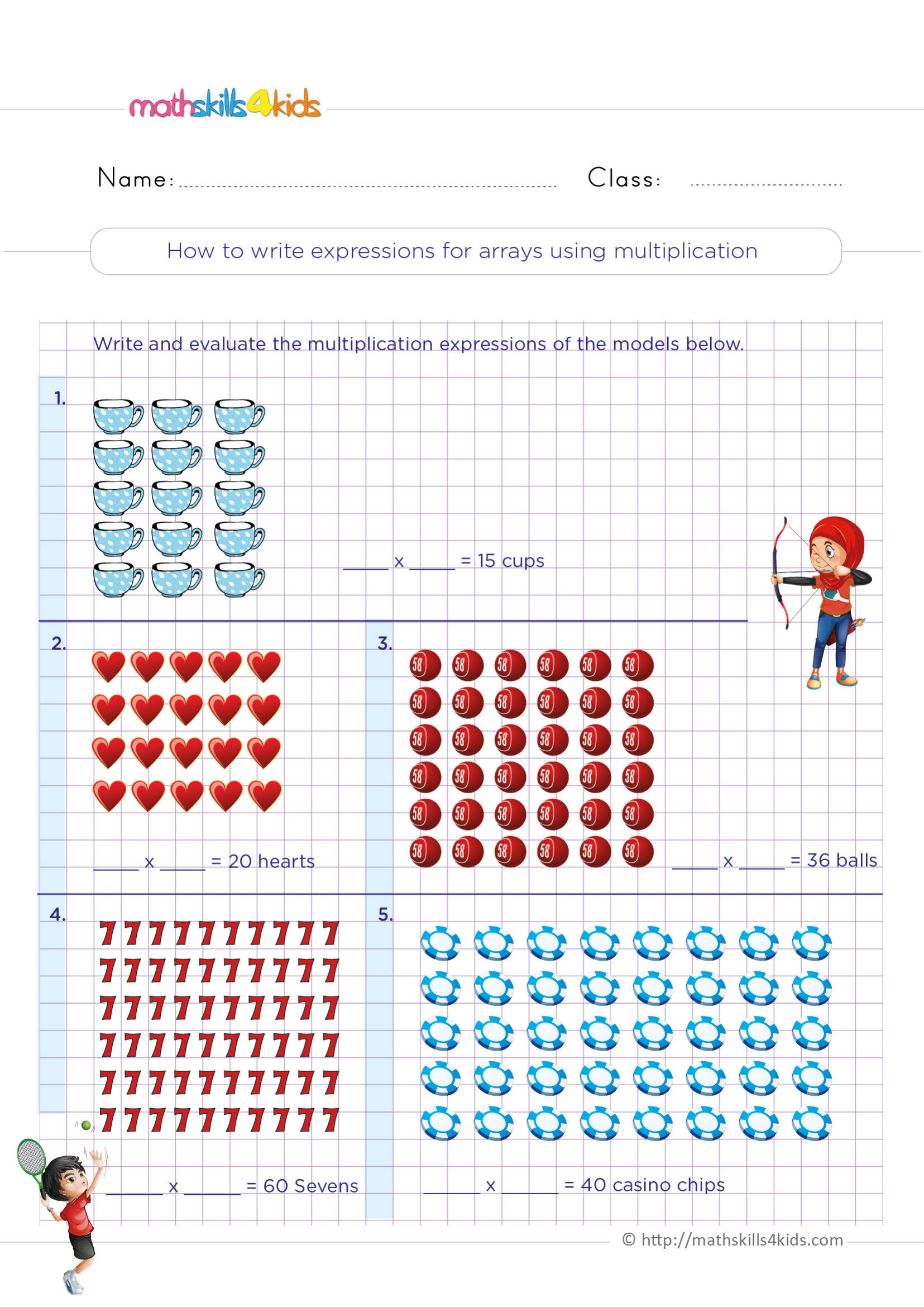 How to write expressions for arrays using multiplication | Worksheet Zone