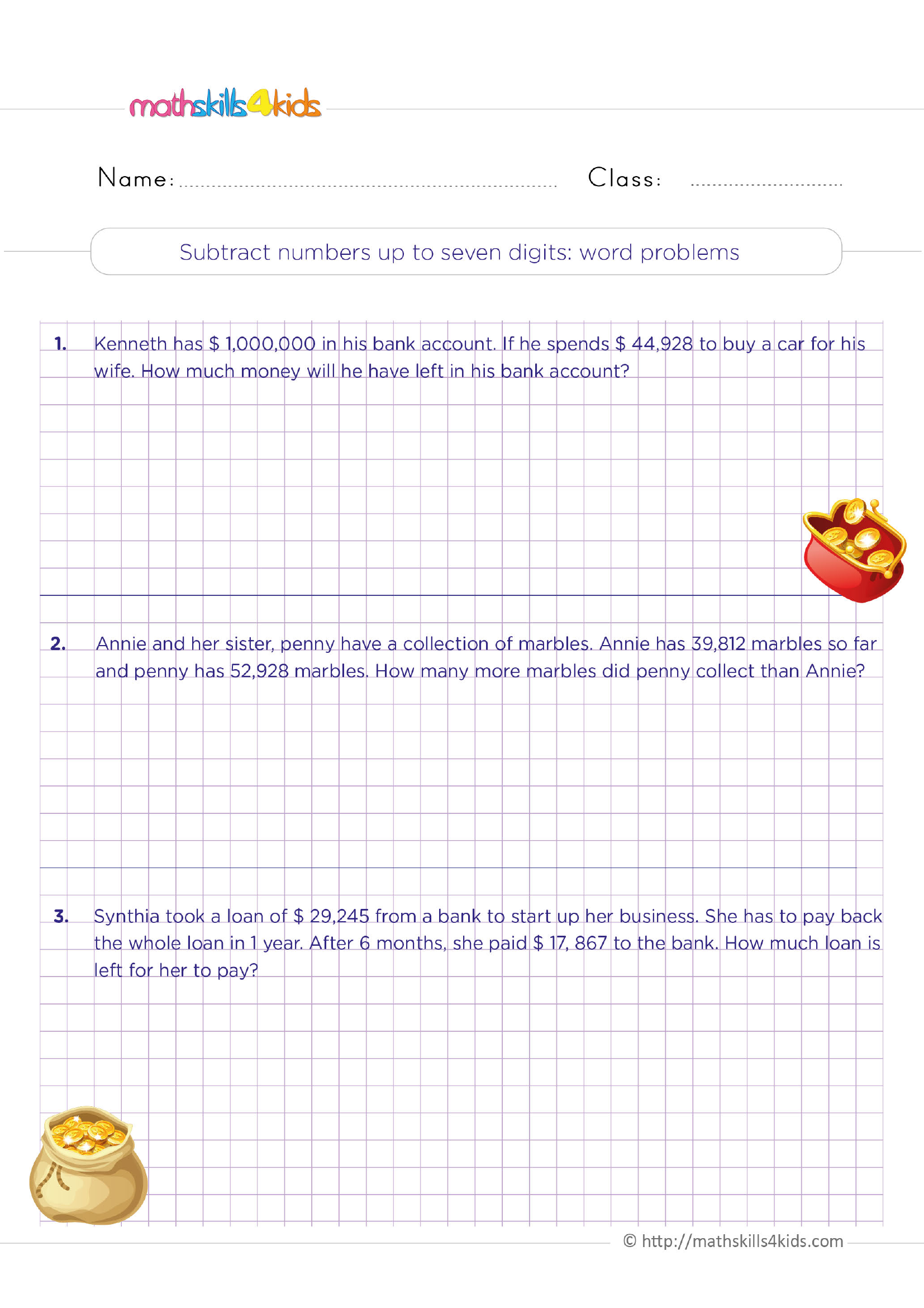 Subtract numbers up to seven digits | Worksheet Zone