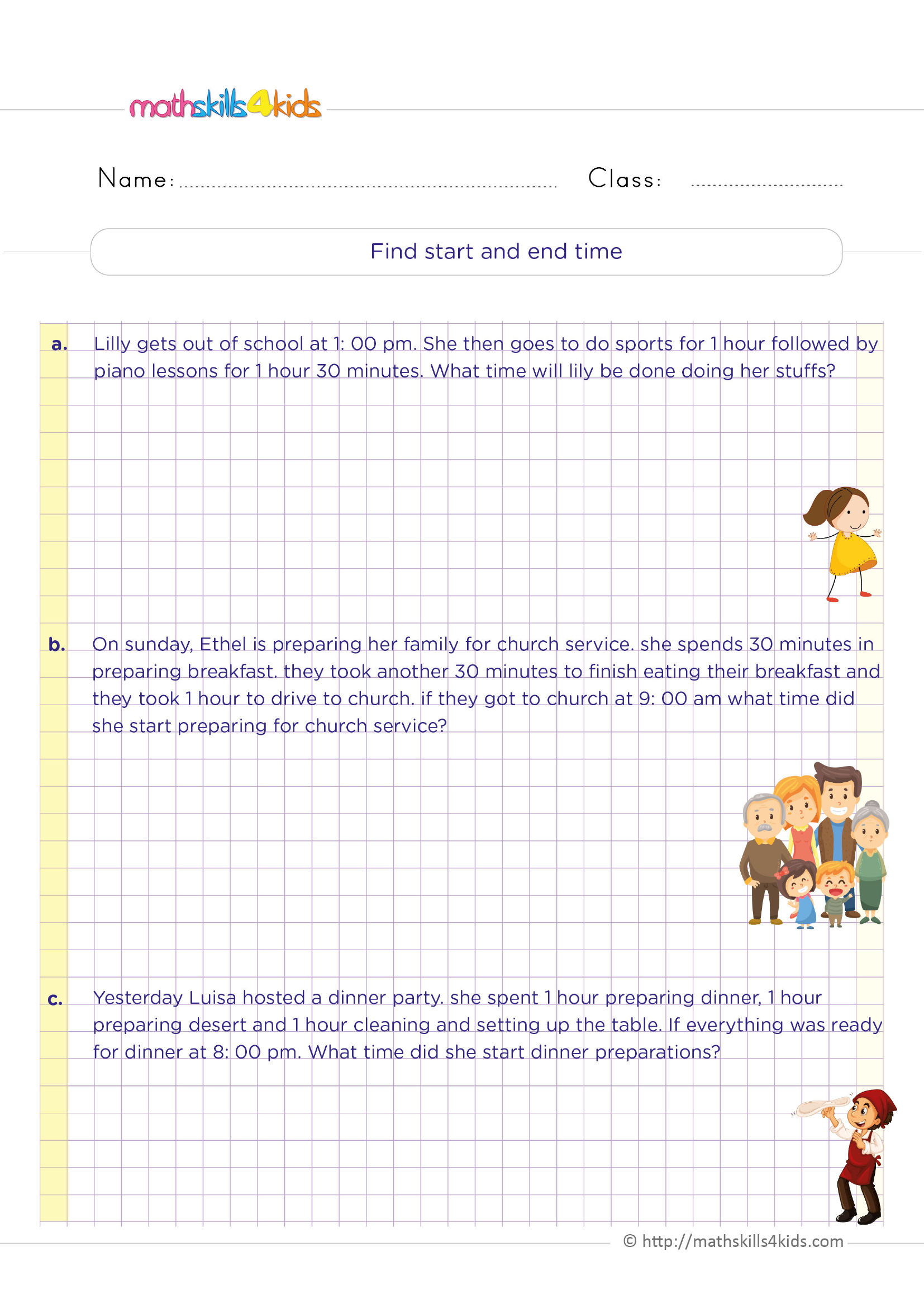 Find start and end time | Worksheet Zone