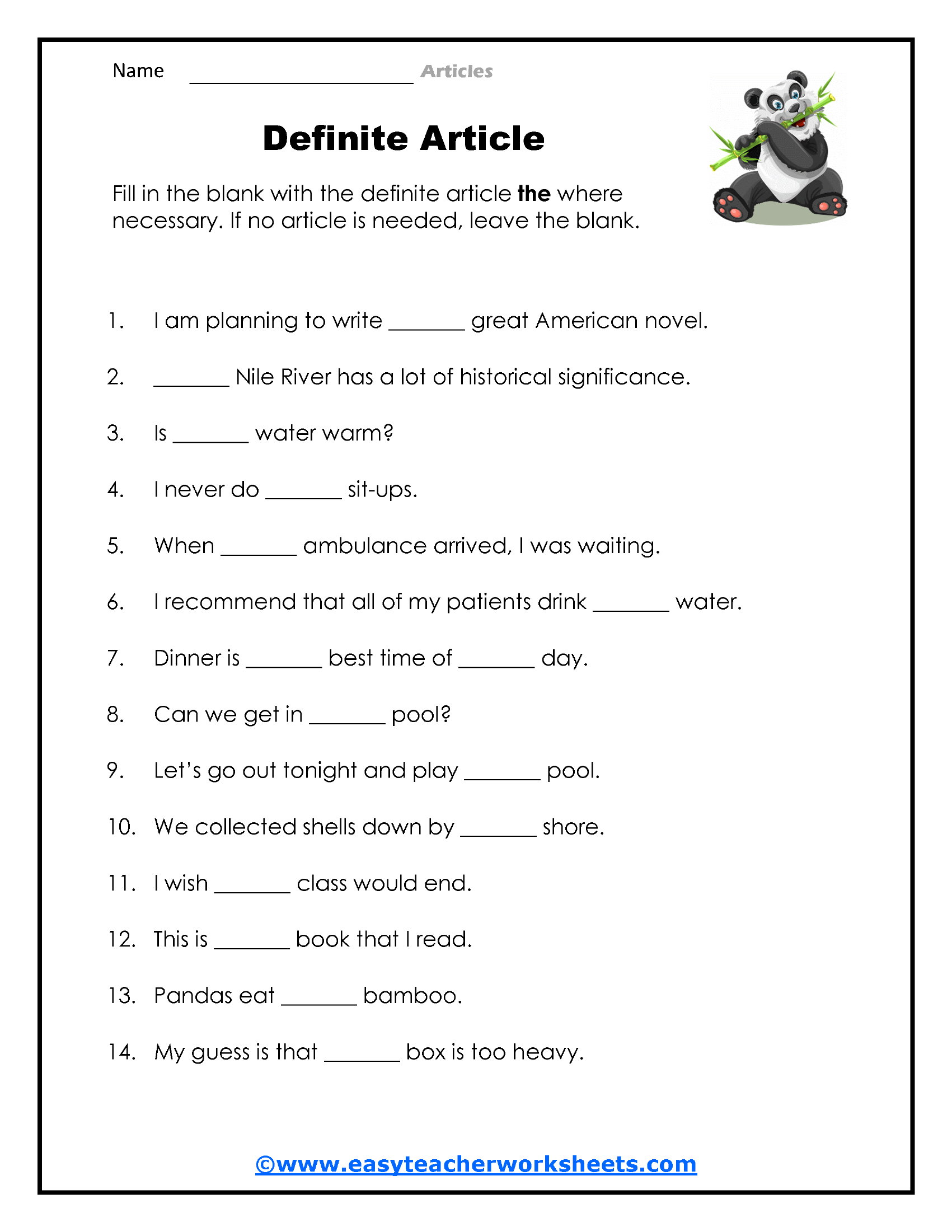 Definite Article | Worksheet Zone