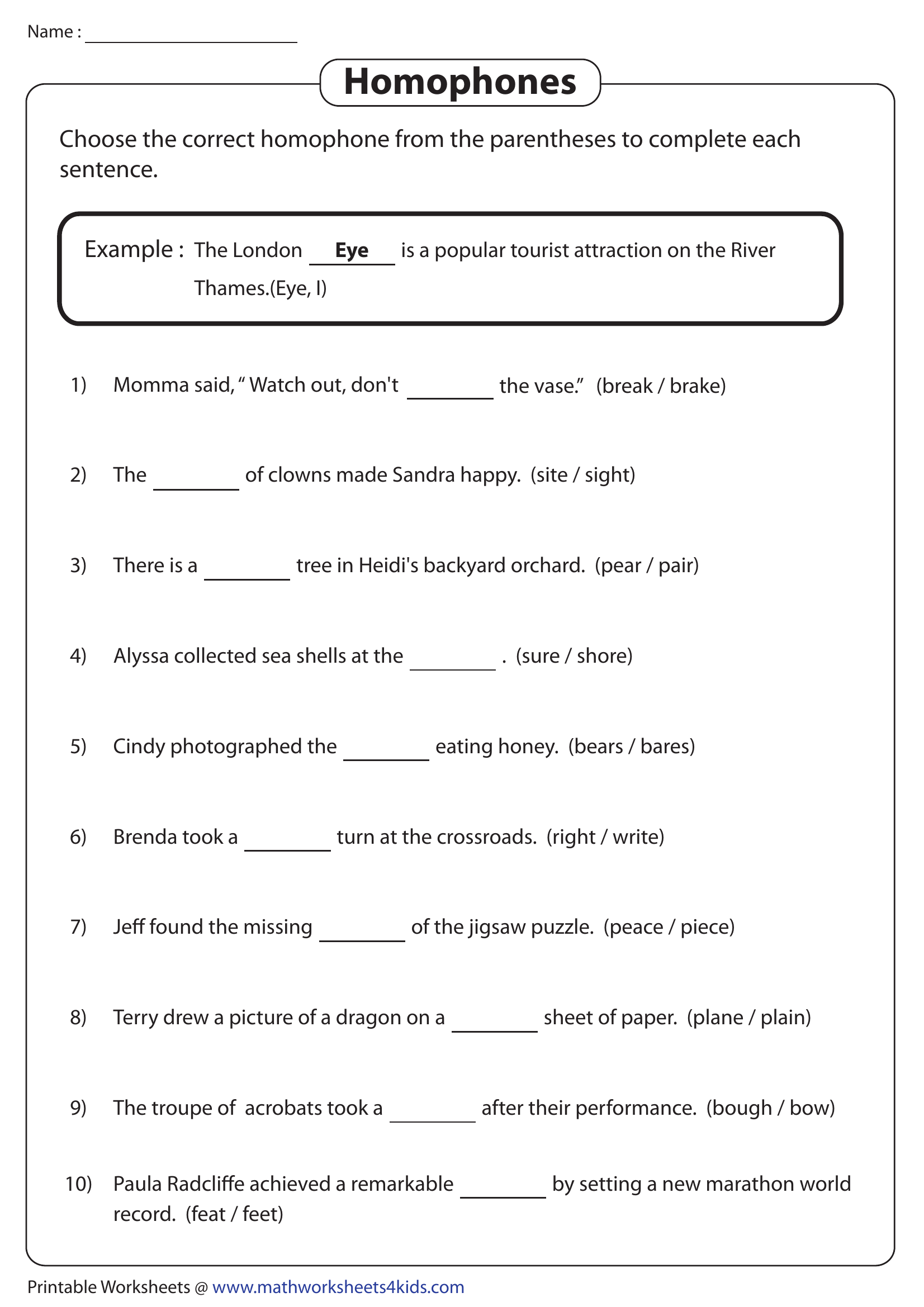 Choosing the Correct Homophones | Worksheet Zone