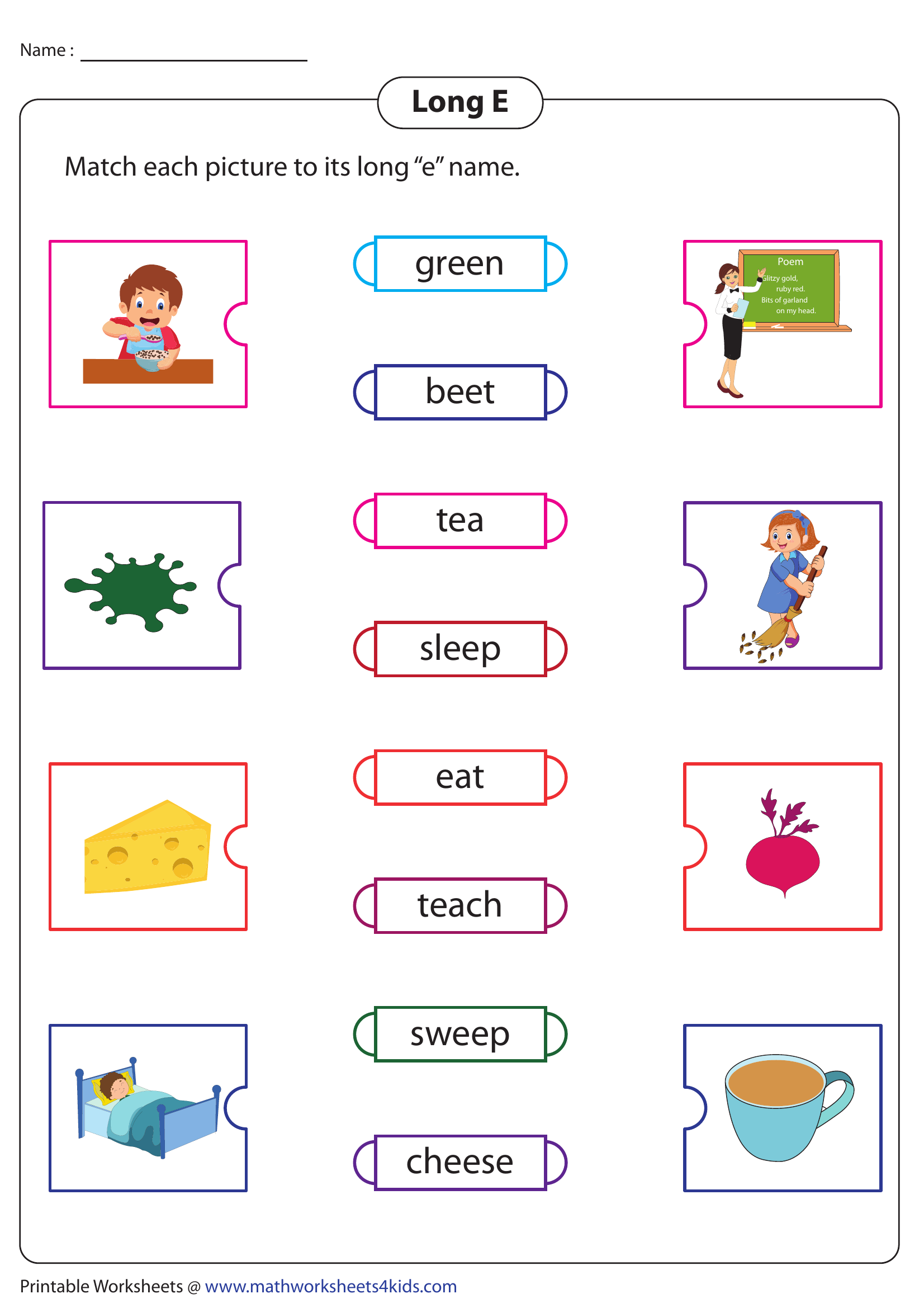 Matching Pictures to Long E Names | Worksheet Zone