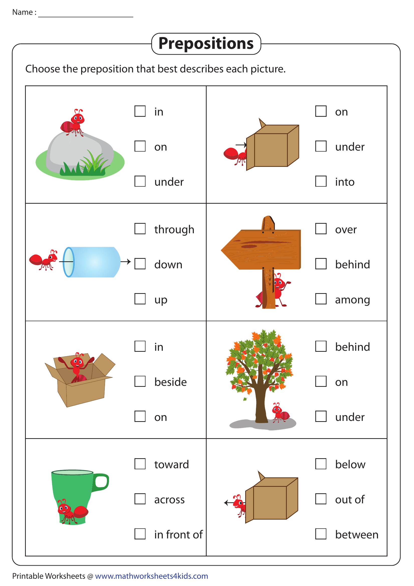 Checking Correct Prepositions to Describe Pictures | Worksheet Zone