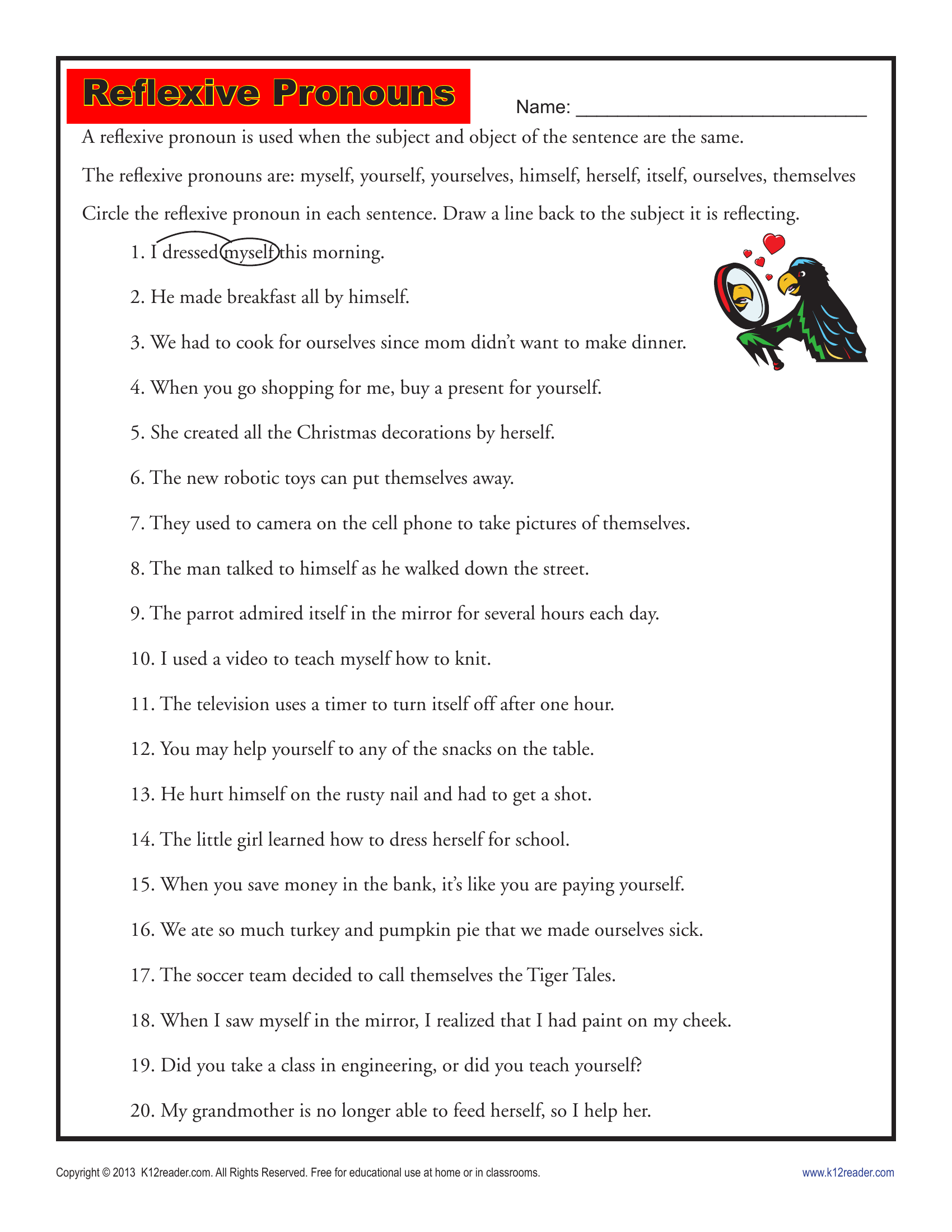 Reflexive Pronoun Handout | Worksheet Zone