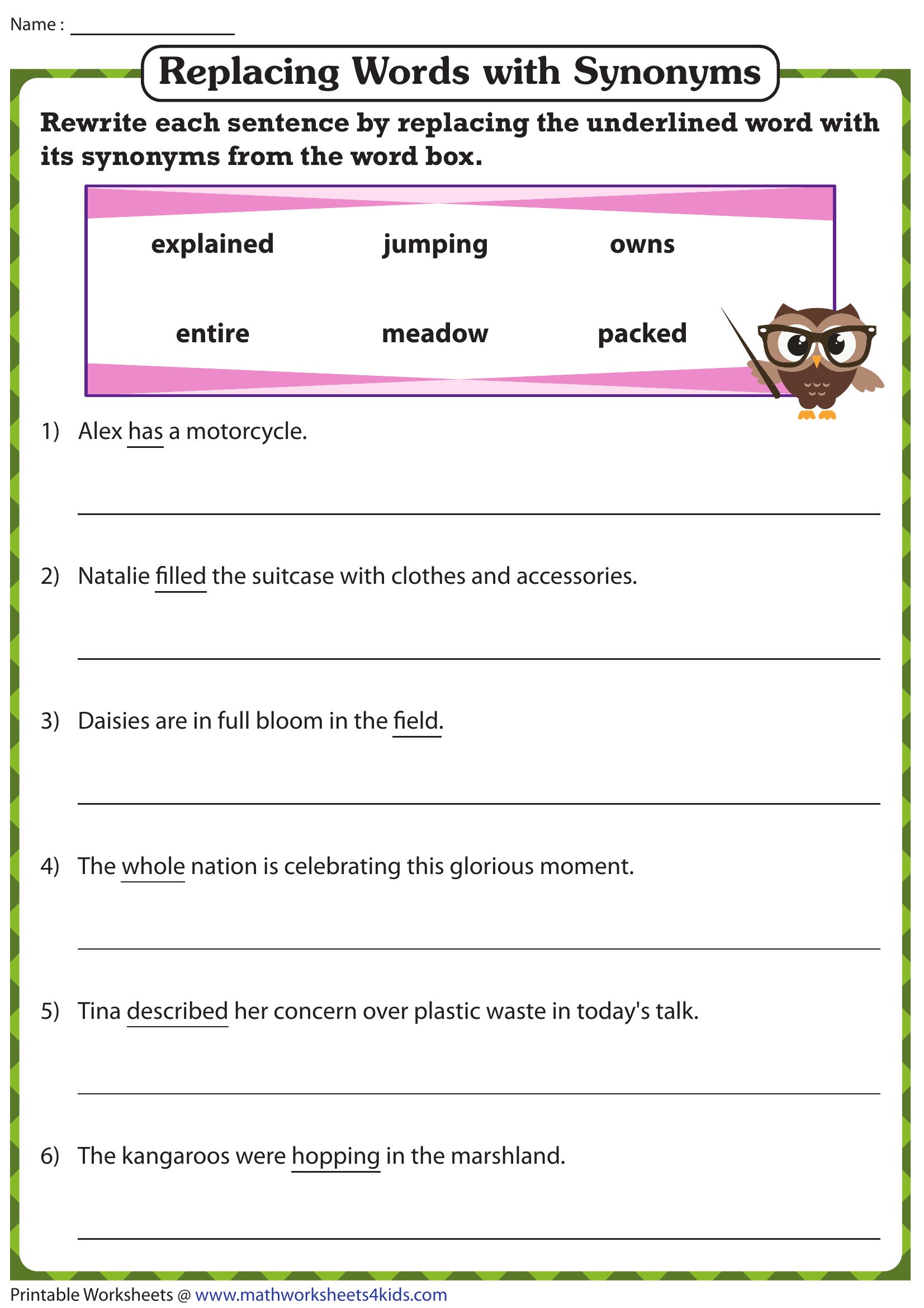Replacing Synonyms and Rewriting Sentences | Worksheet Zone