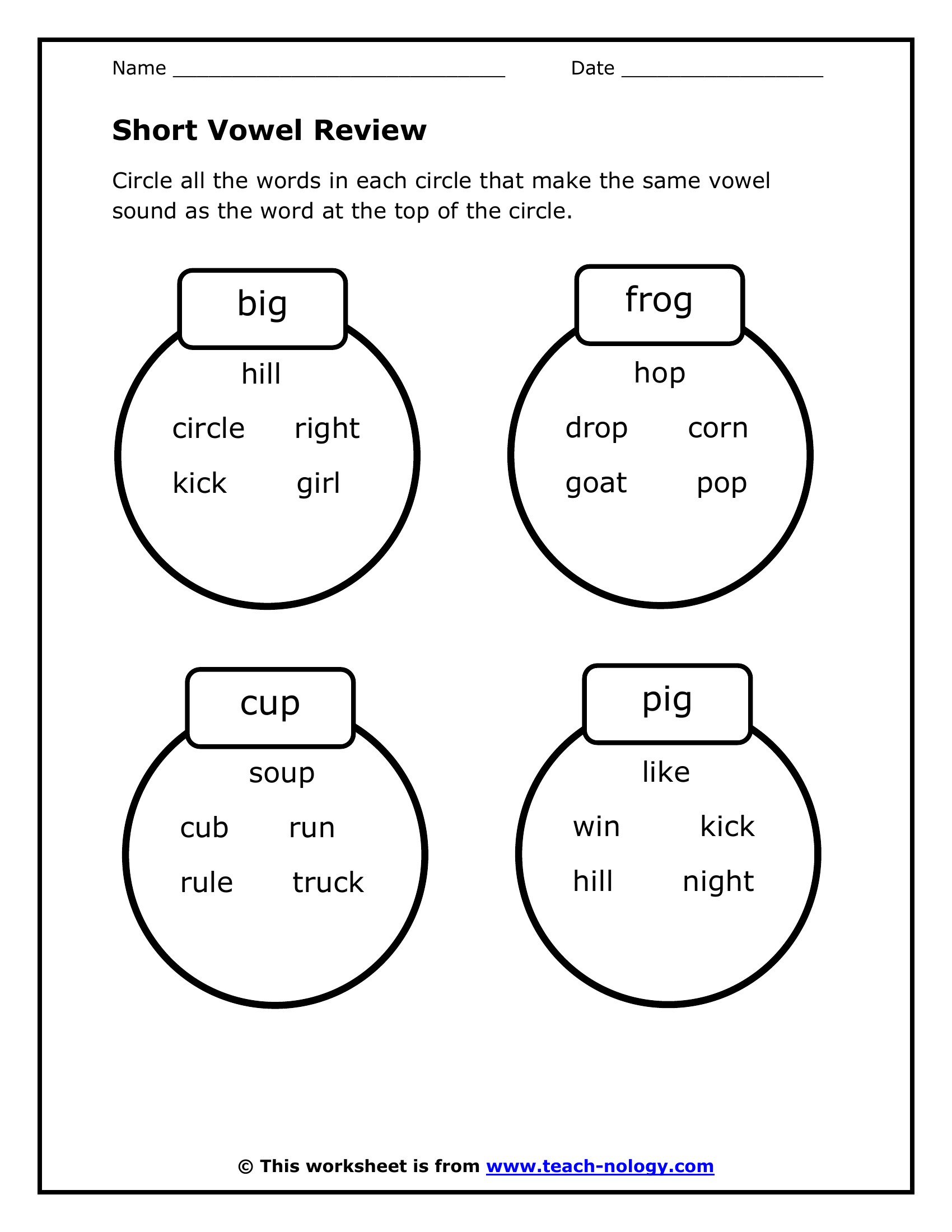 Short Vowel Review | Worksheet Zone