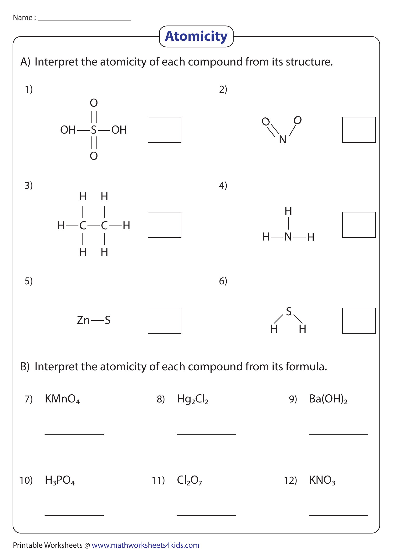 Calculating Atomicity | Worksheet Zone