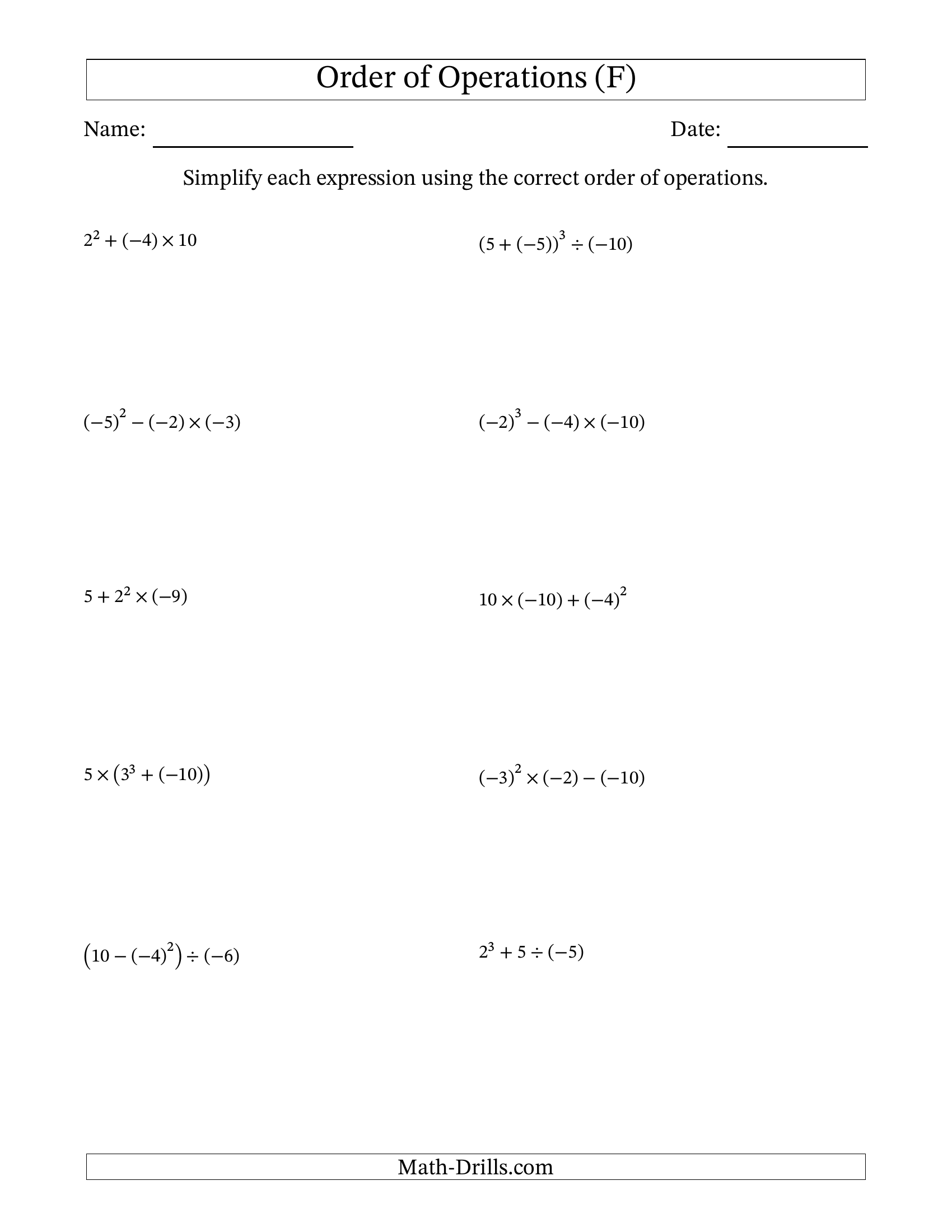 3-step Order of operation with integers (6) | Worksheet Zone