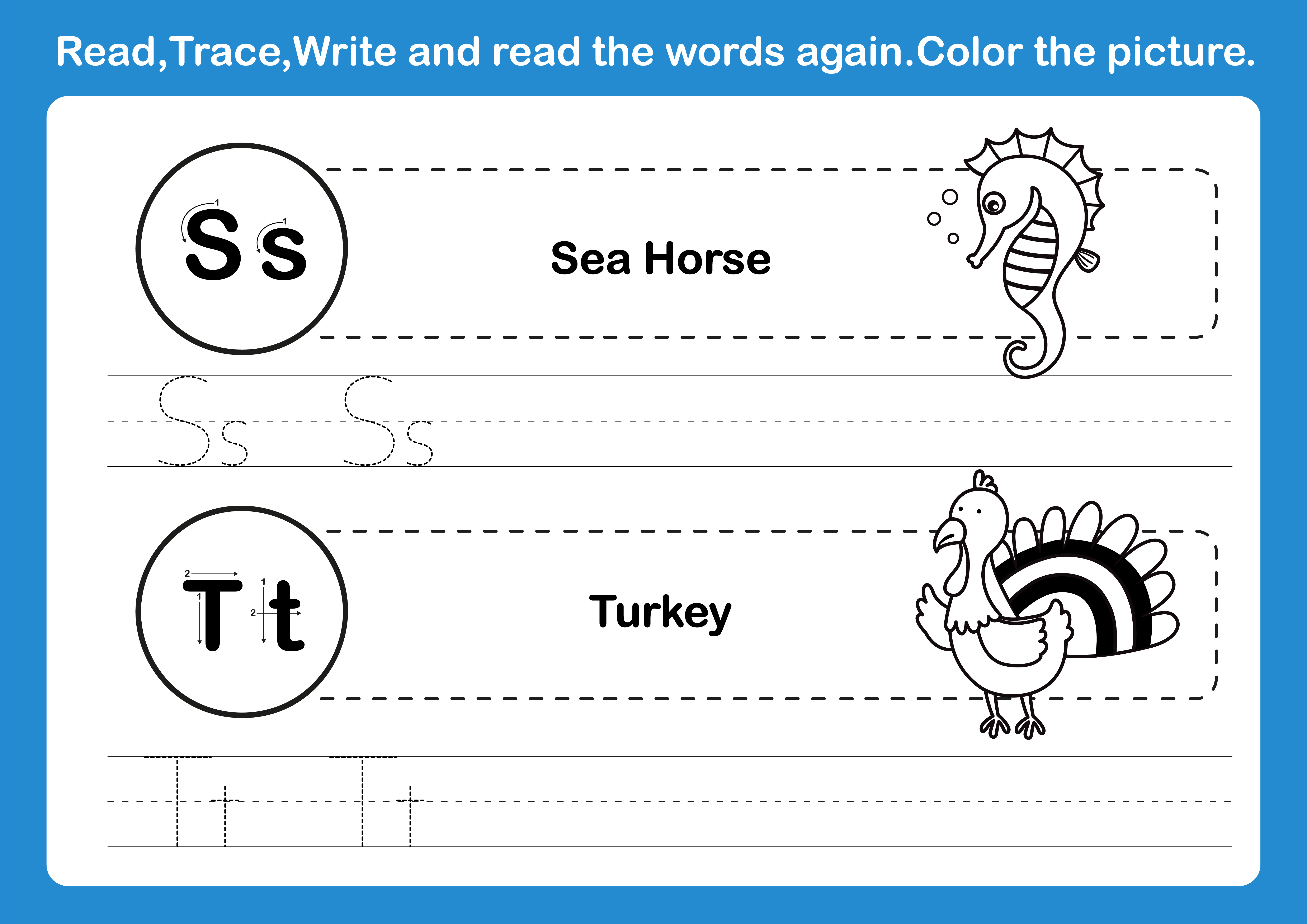Read, trace, and write - Letters S & T | Worksheet Zone