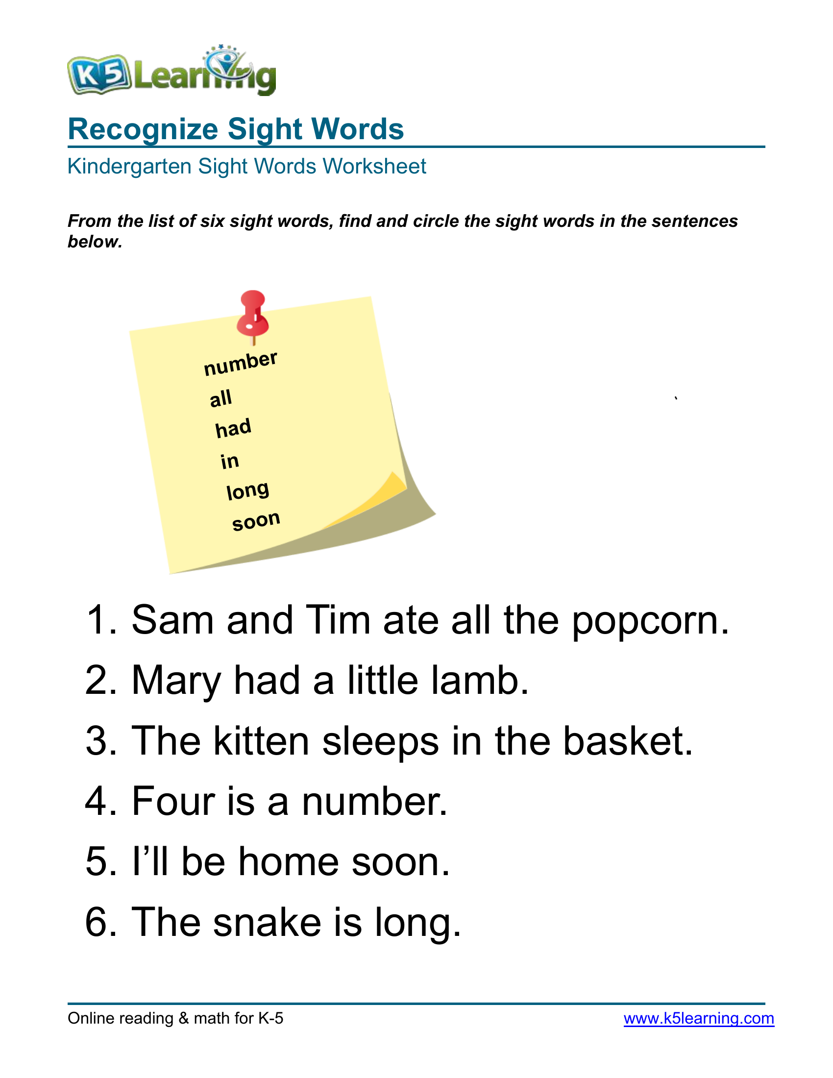 Recognize Sight Words - Find and circle 8 | Worksheet Zone