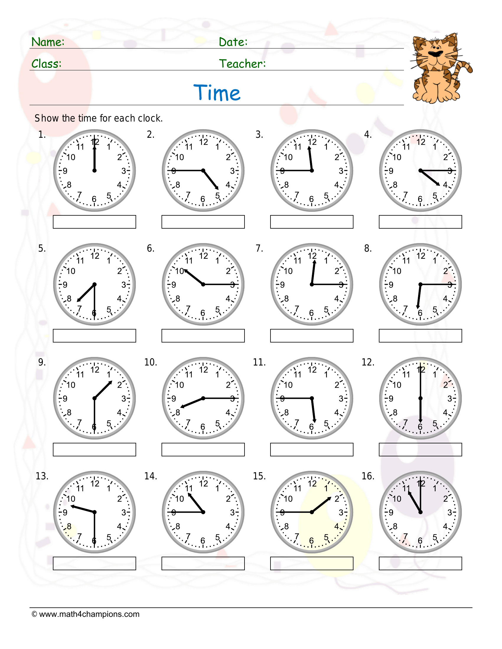 Telling time 15 minute past | Worksheet Zone