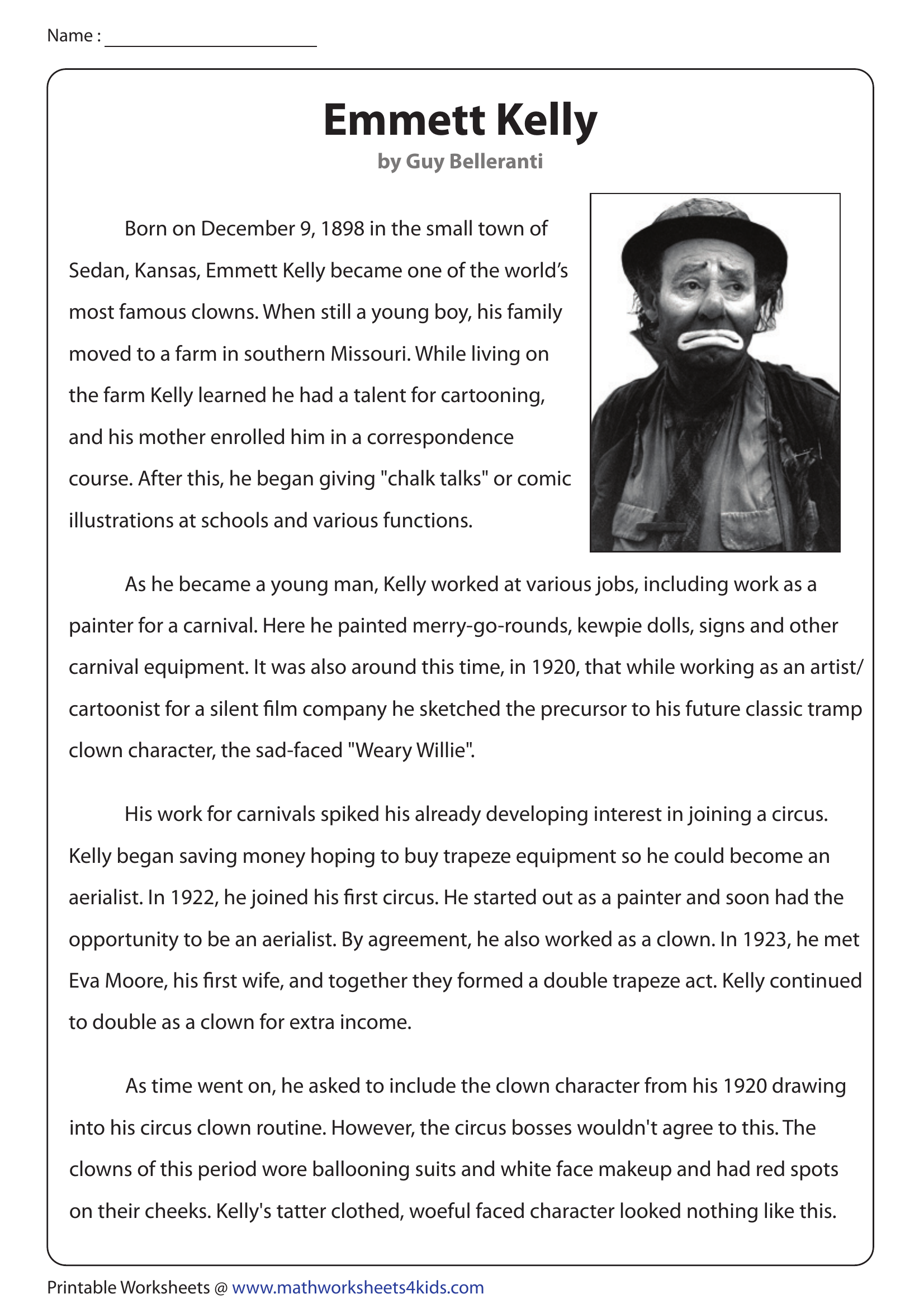 Emmett Kelly | Worksheet Zone