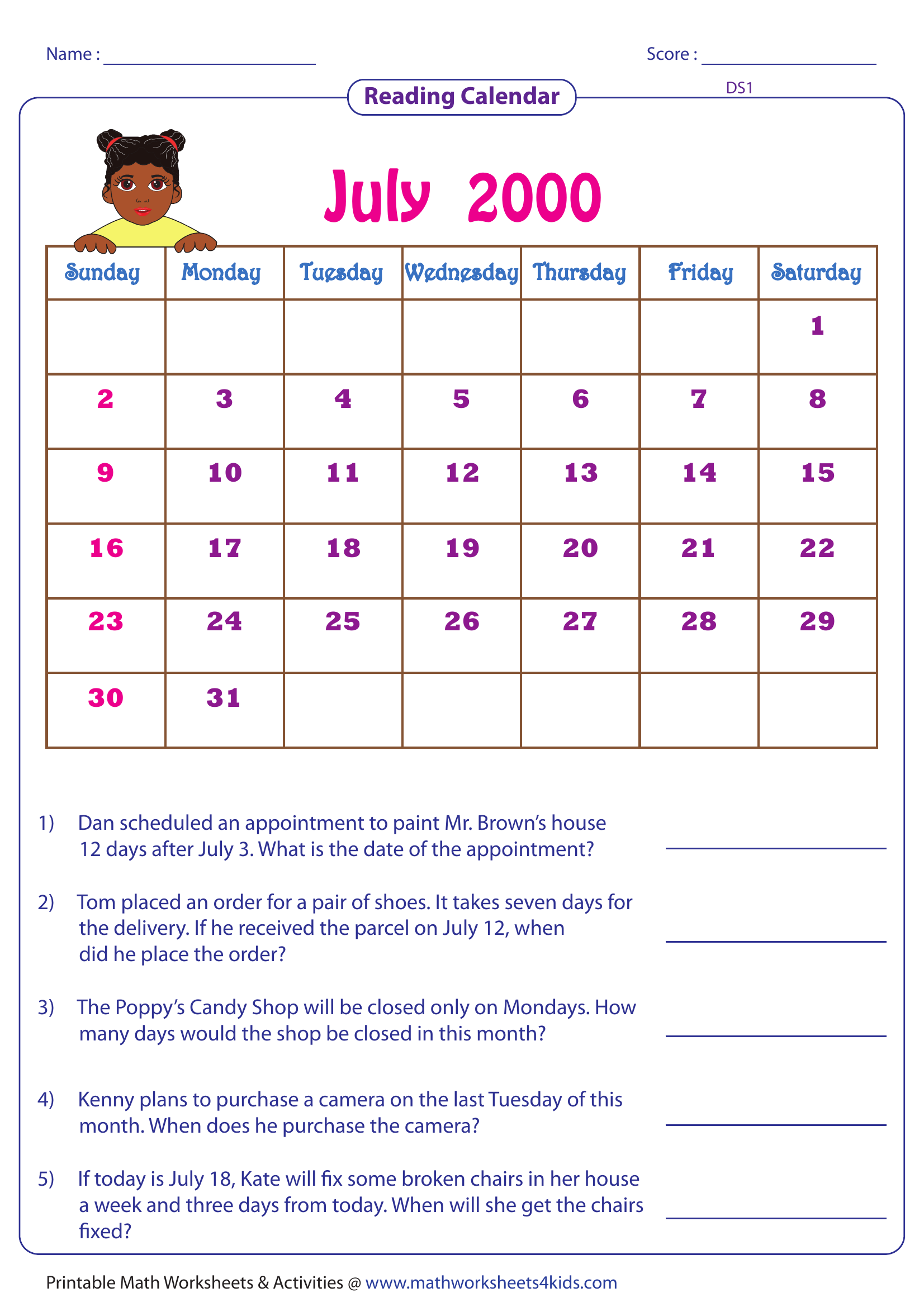 Reading calendar- Month - Hard | Worksheet Zone