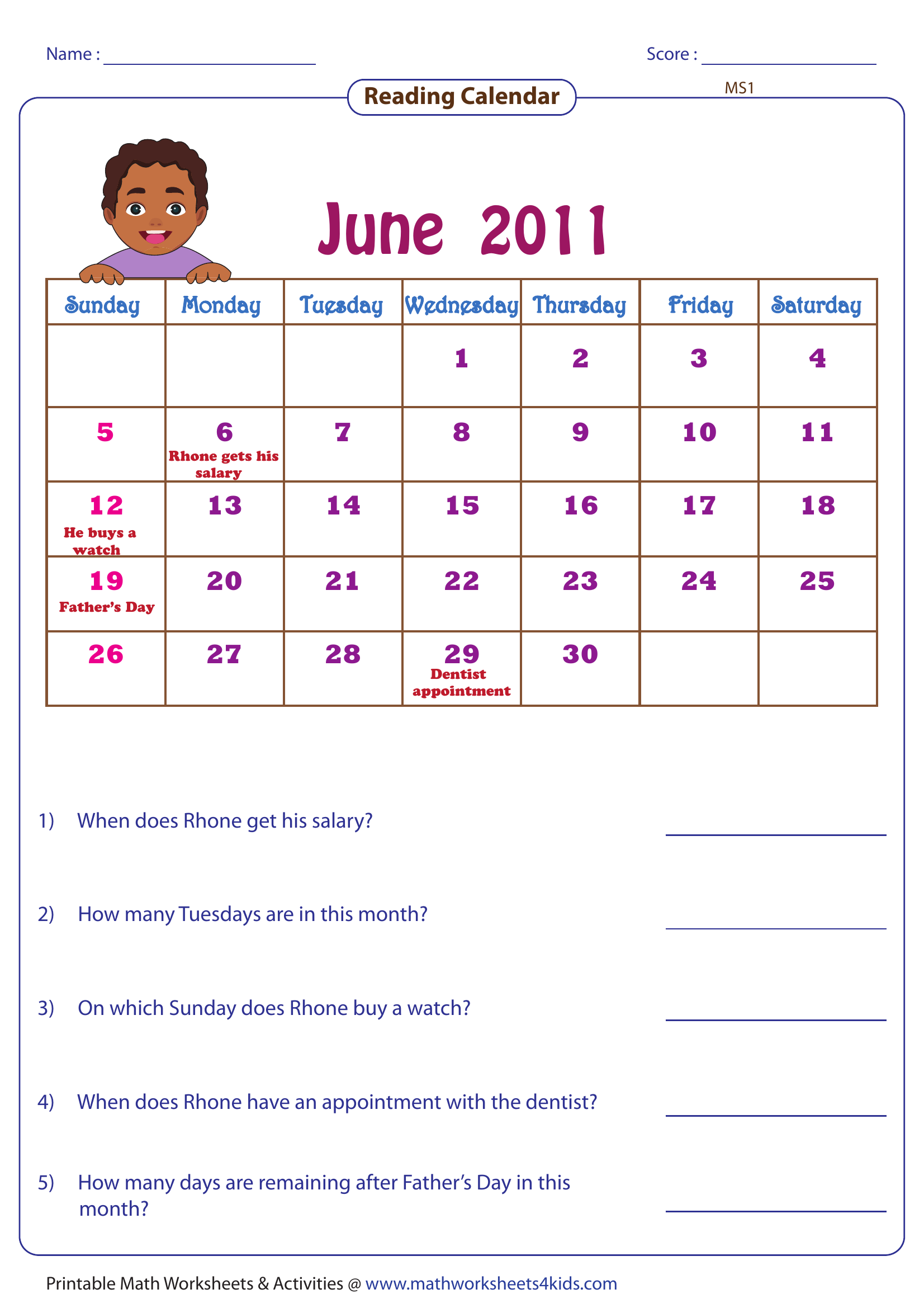 Reading calendar - Month - Medium | Worksheet Zone