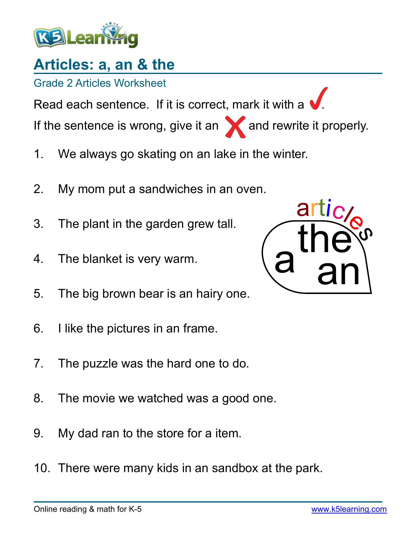 Articles: a, an & the 3 | Worksheet Zone