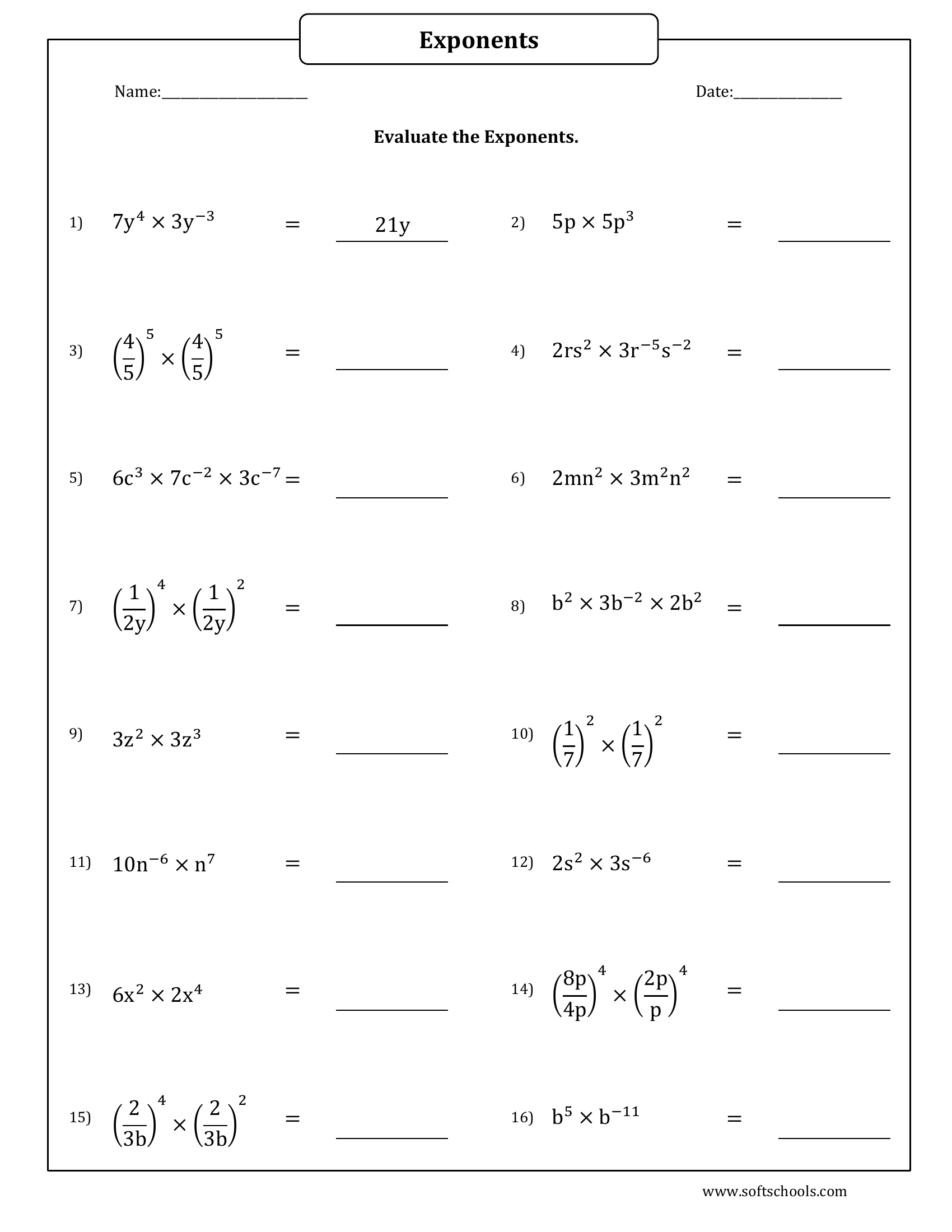 Exponents with Multiplication 6 | Worksheet Zone
