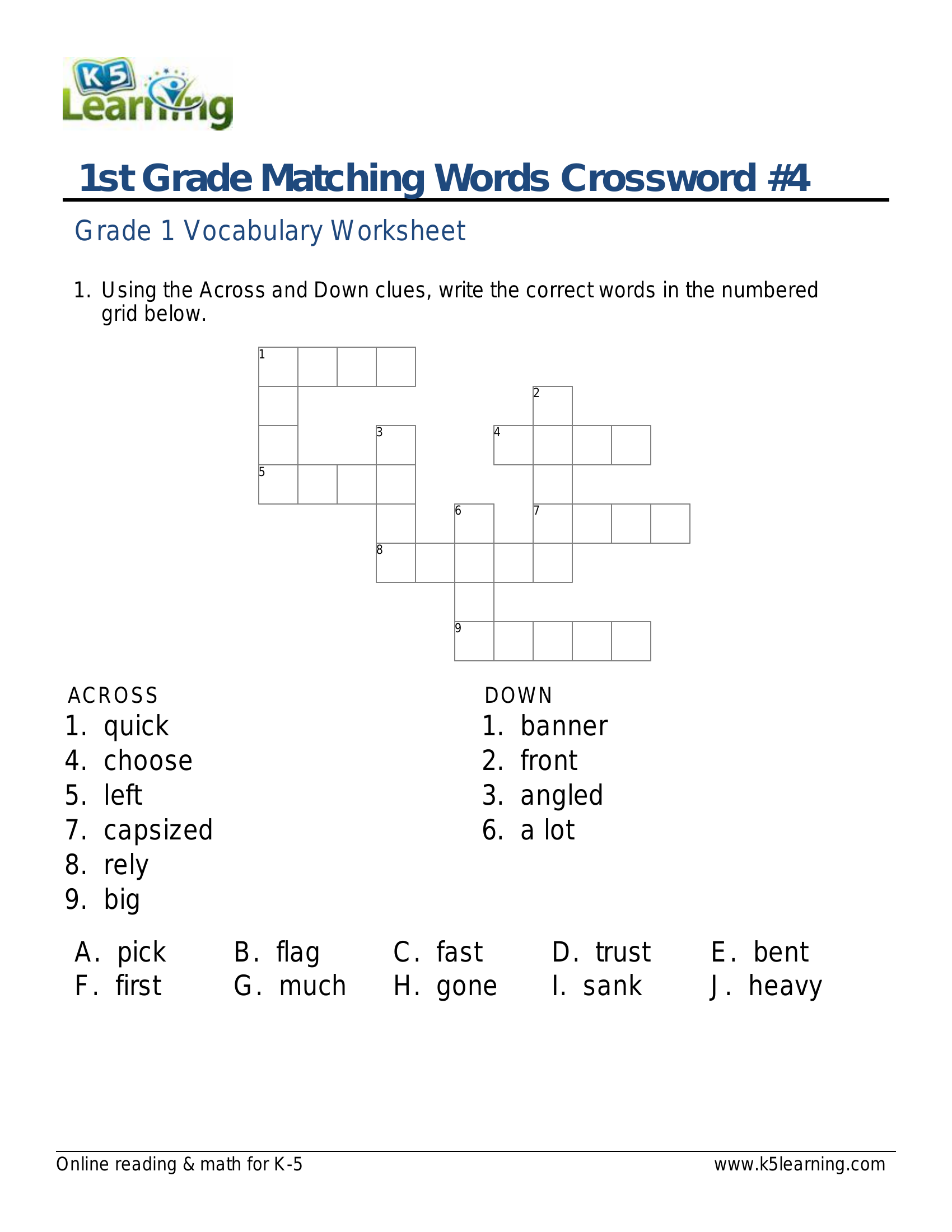 1st Grade Matching Words Crossword 4 | Worksheet Zone