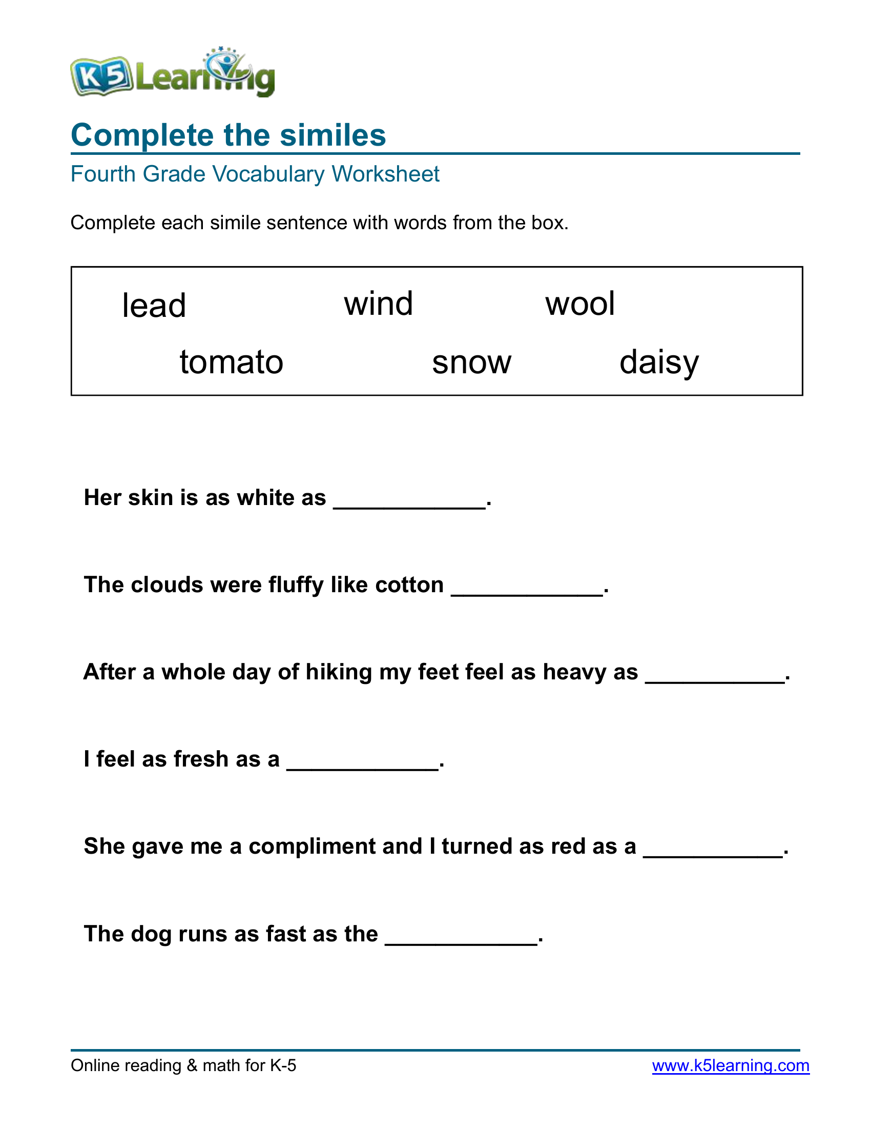 Complete the similes 10 | Worksheet Zone