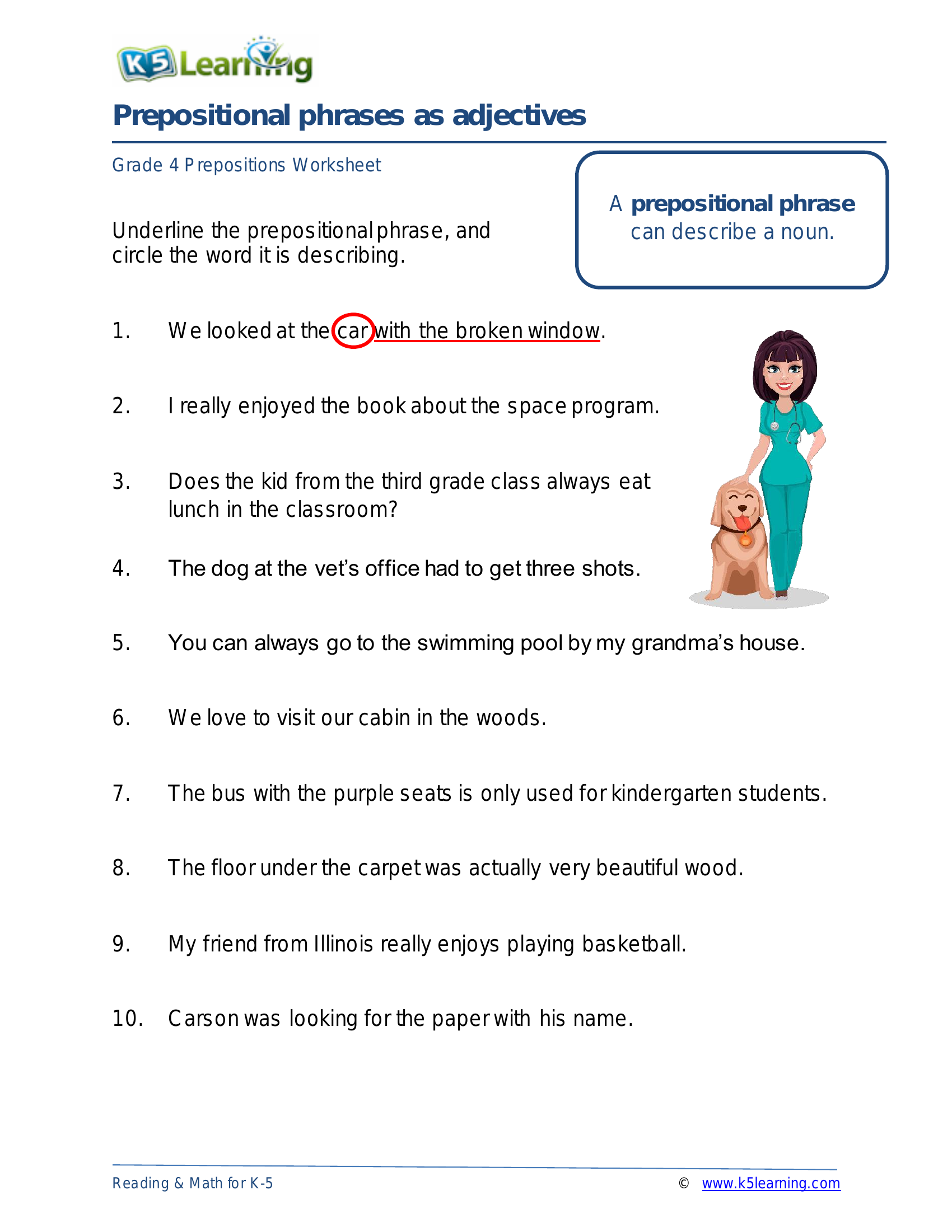 Prepositional phrases as adjectives 3 | Worksheet Zone