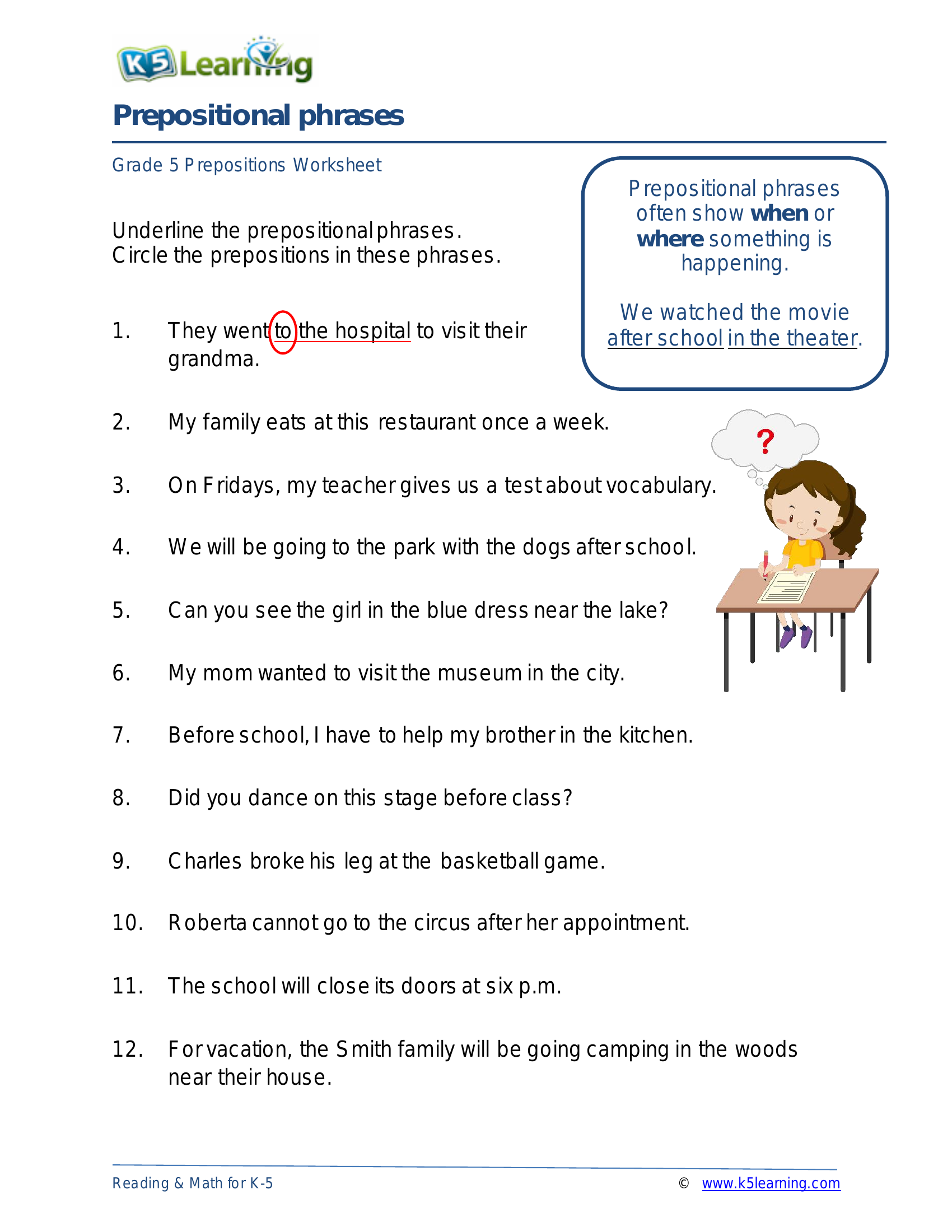 Prepositional phrases 6 | Worksheet Zone