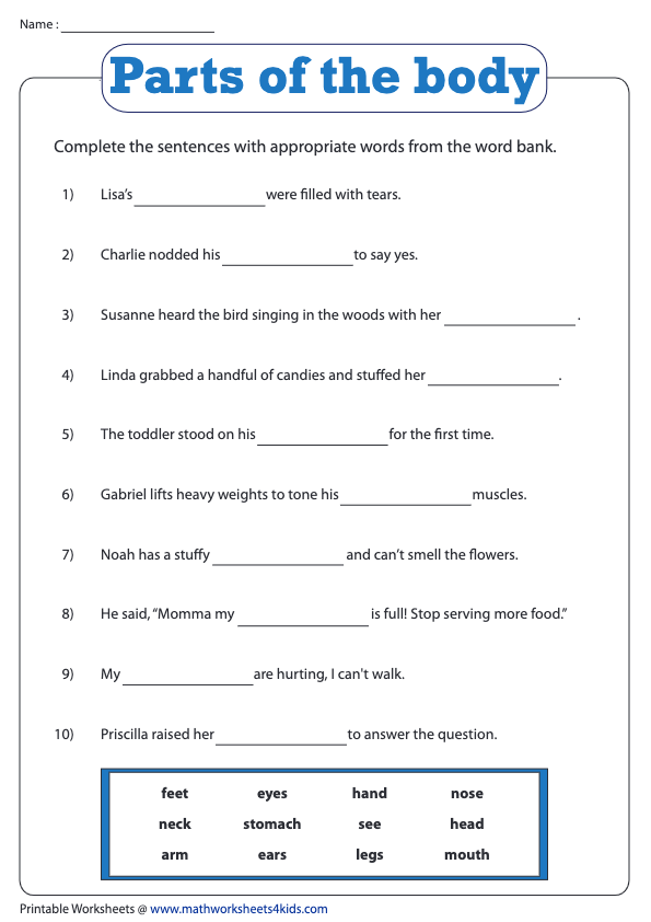 Parts of the body - Fill in the blank | Worksheet Zone