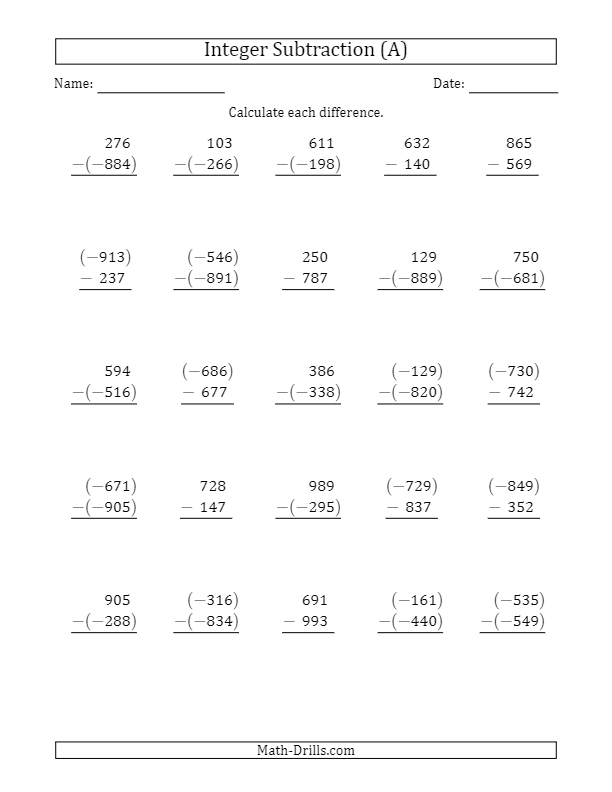 3 digits Vertical integers subtraction (1) | Worksheet Zone