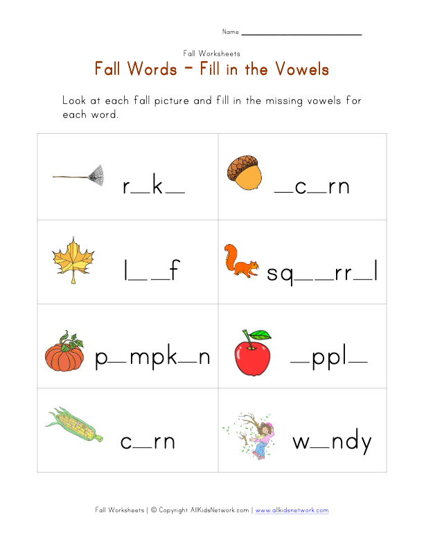 Fill in the vowels - Fall | Worksheet Zone