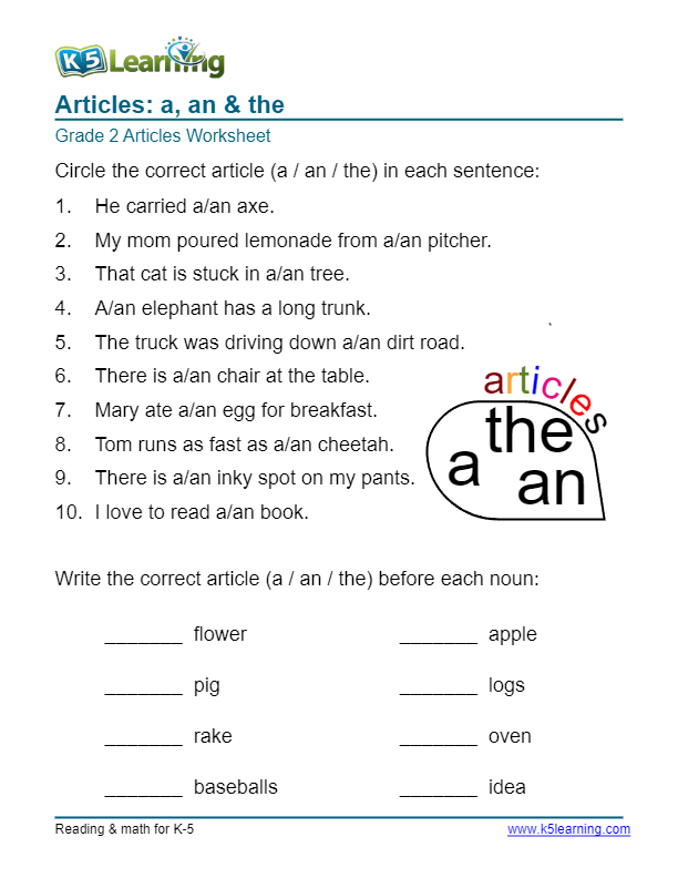 Articles: a, an & the 2 | Worksheet Zone