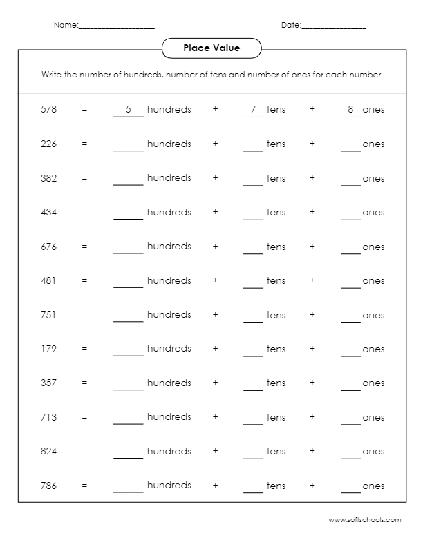 Hundreds, tens and ones 1 | Worksheet Zone