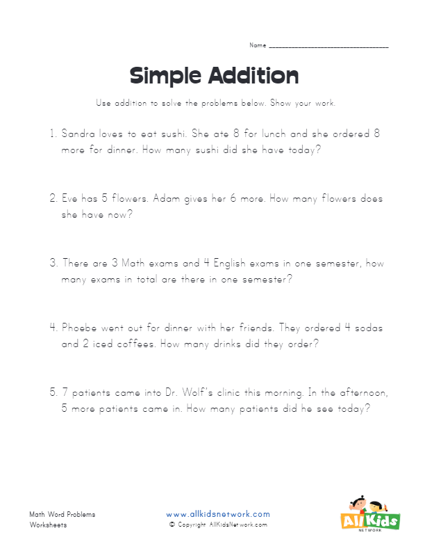 Simple addition word problems 1 | Worksheet Zone