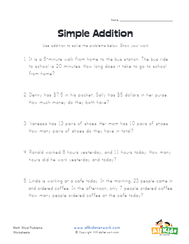 Simple addition word problems 2 | Worksheet Zone