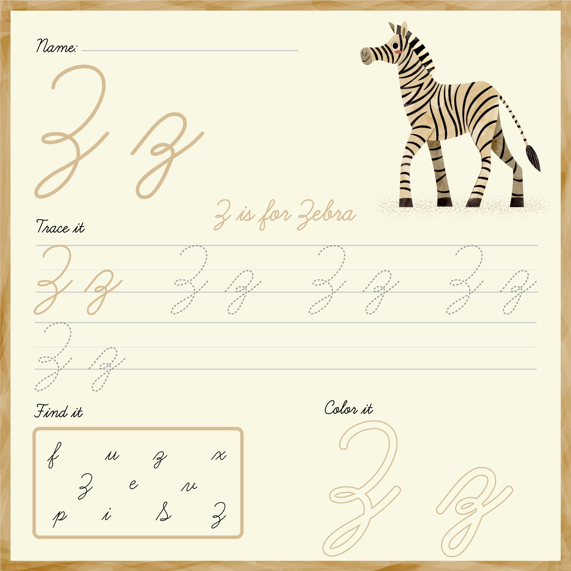 Trace, find, and color the cursive letter Z | Worksheet Zone