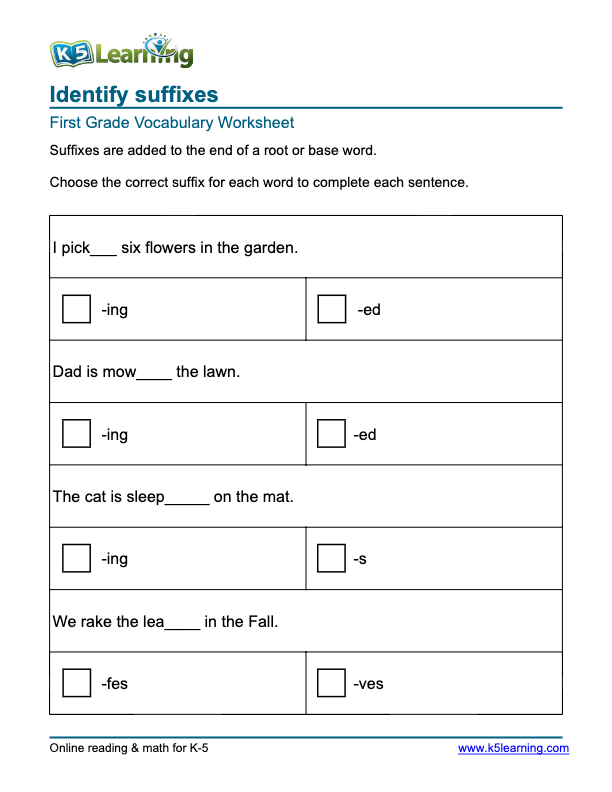 Identify suffixes 2 | Worksheet Zone