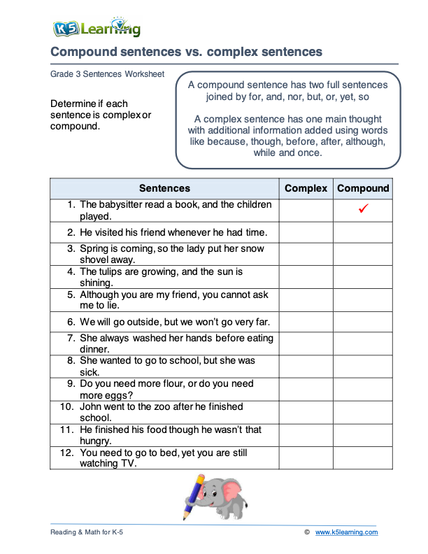 Compound sentences vs. complex sentences 2 | Worksheet Zone